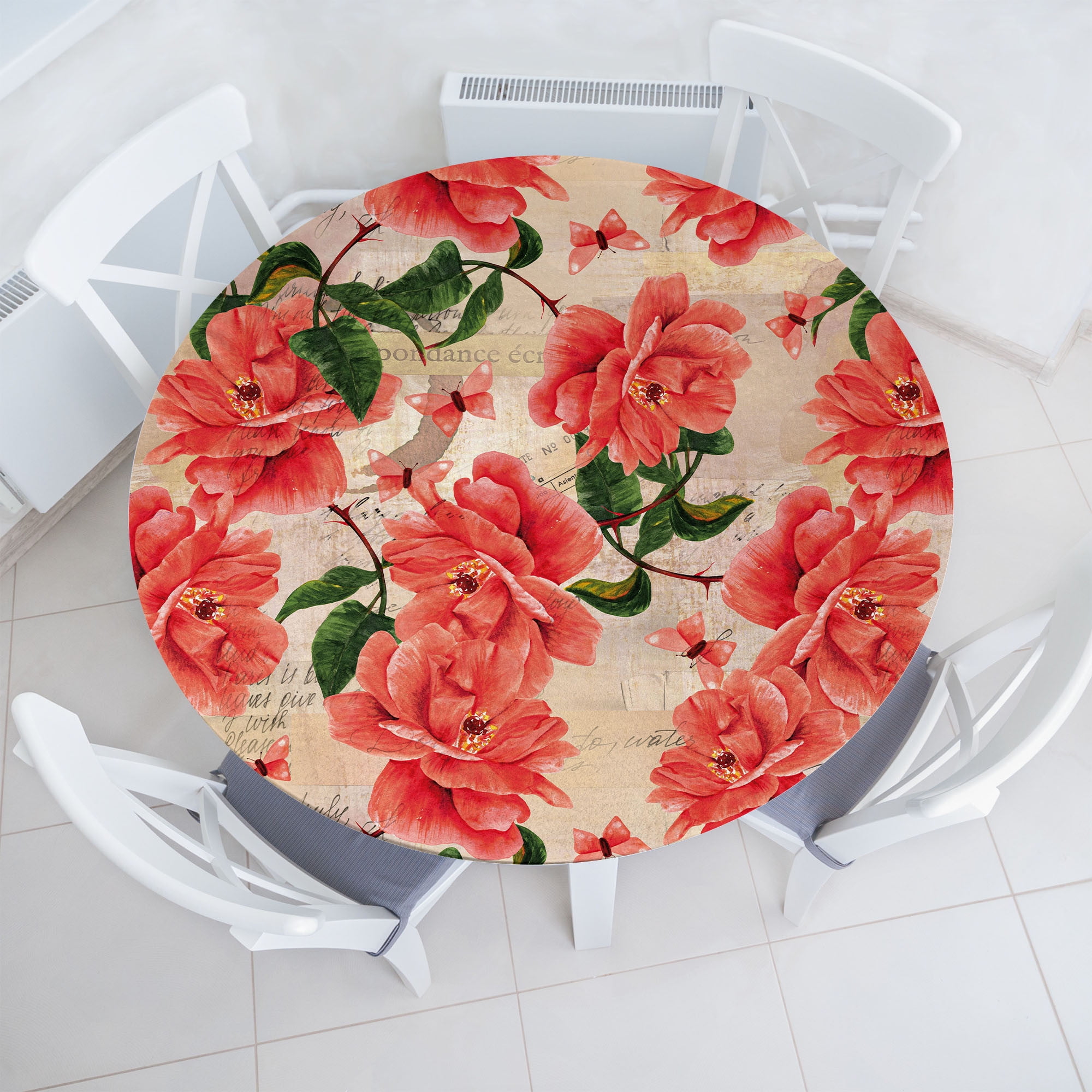 Ambesonne Rose Print Fitted Round Tablecloth, English Flowers Romantic ...