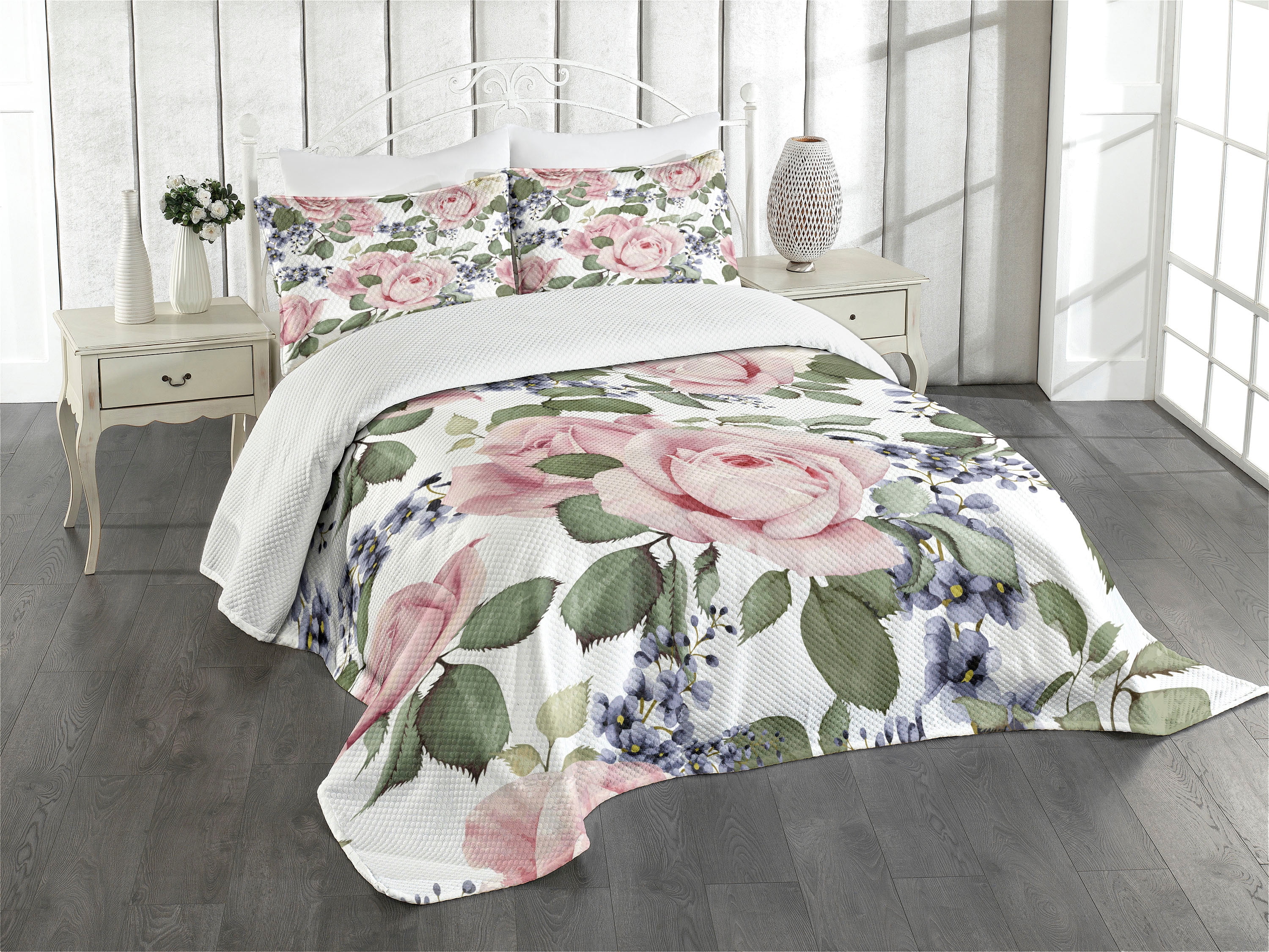 Ambesonne Rose Quilted Bedspread Set 3 Pcs, Flourishing Pink Flora ...