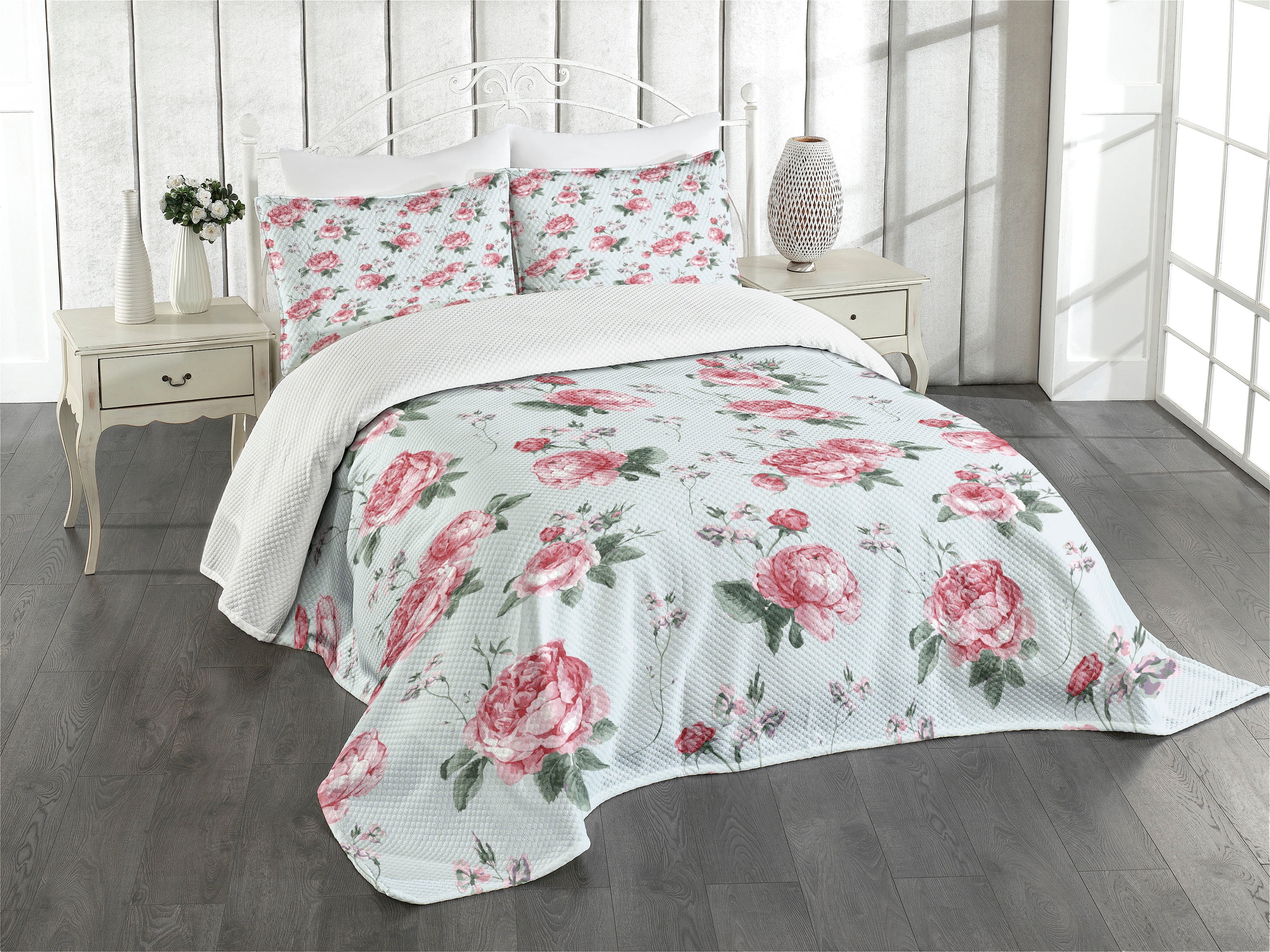 Ambesonne Rose Quilted Bedspread Set 3 Pcs, Pink Blossom English Flora ...