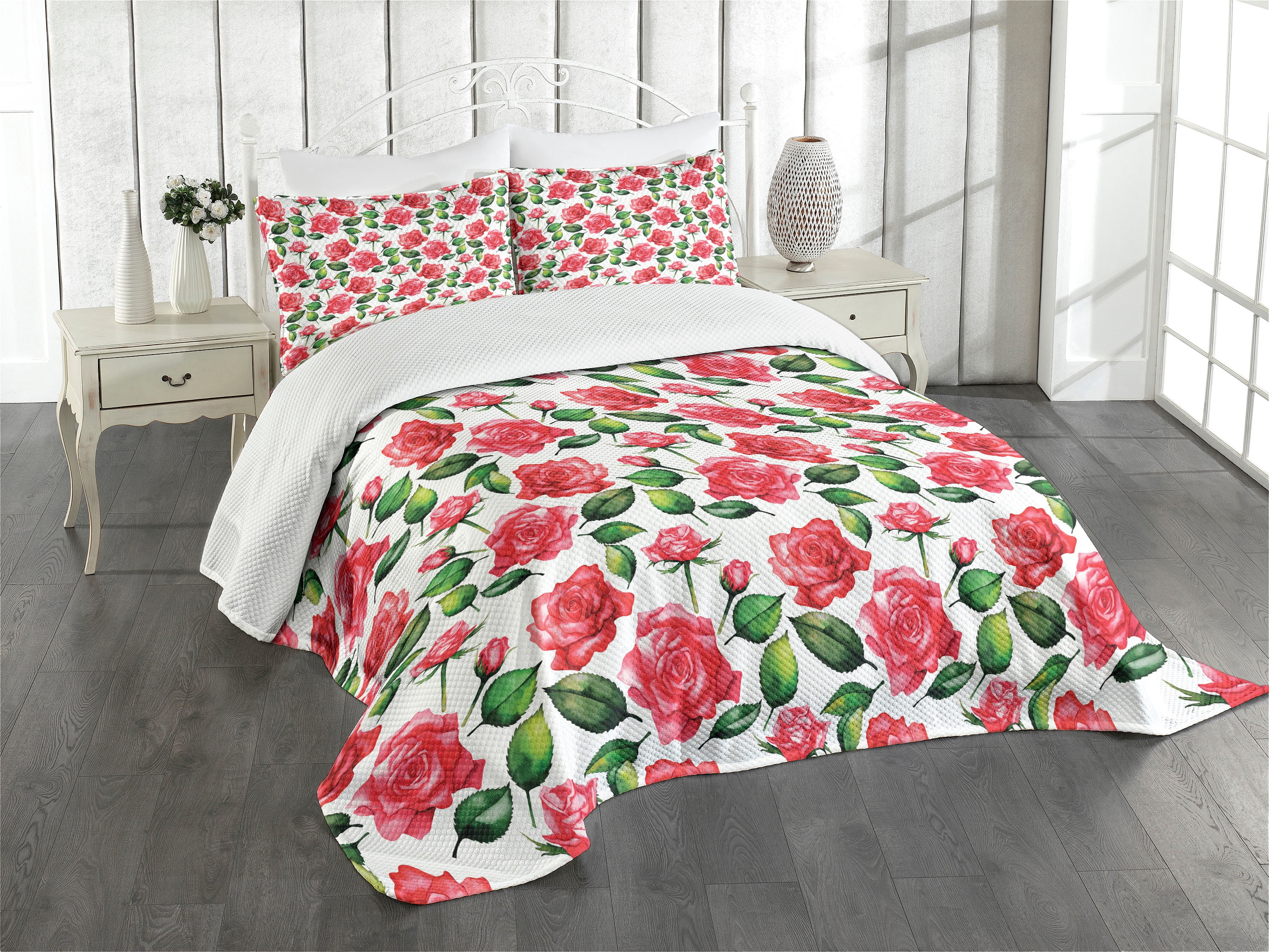 Ambesonne Rose Quilted Bedspread Set 3 Pcs, Watercolor Fresh Blossoms ...