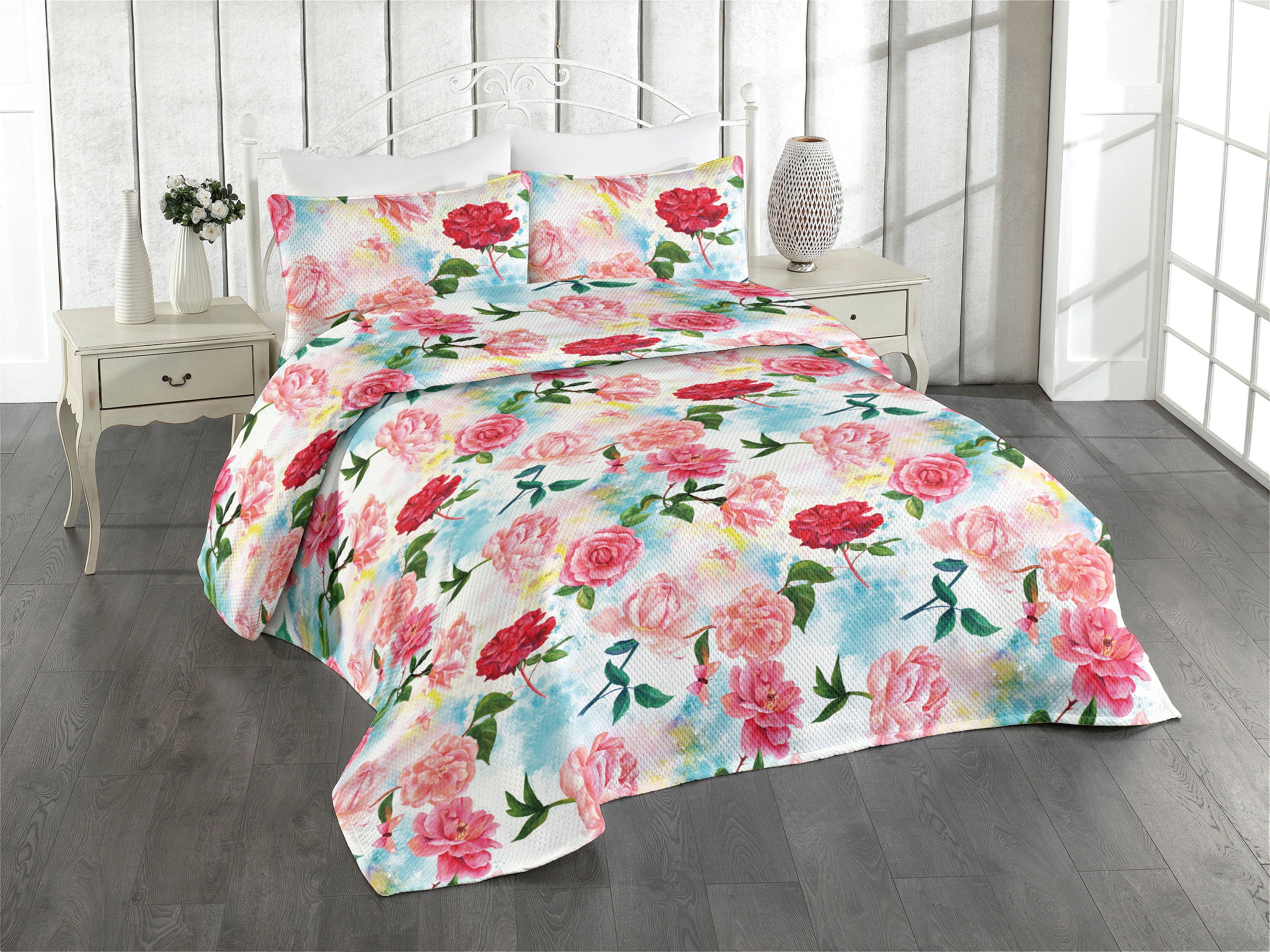 Ambesonne Rose Quilted Bedspread Set 3 Pcs, Watercolor Romantic Floral ...