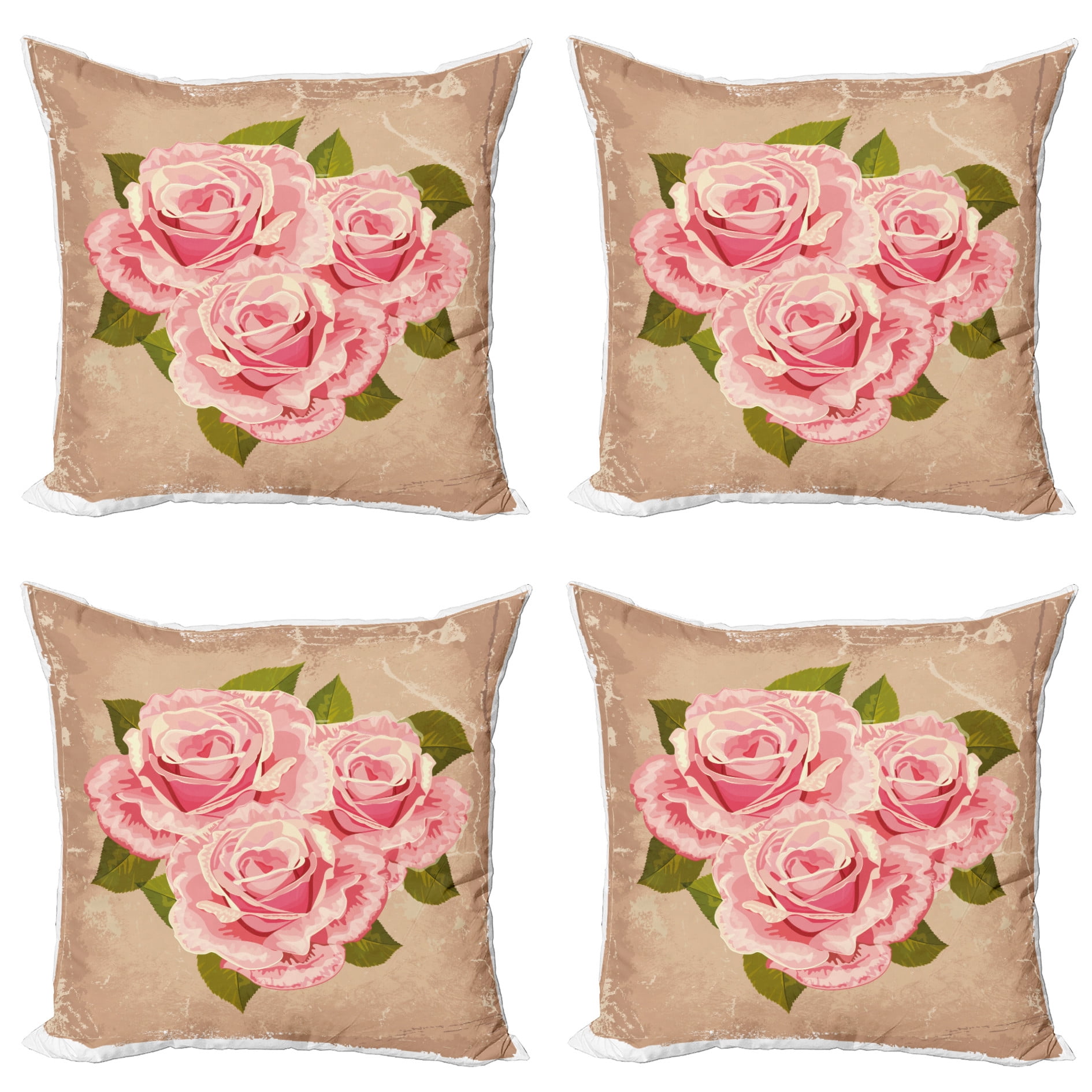 Ambesonne Rose Throw Pillow Cover 4 Pack, Pink Bouquet of Flowers, 24 ...