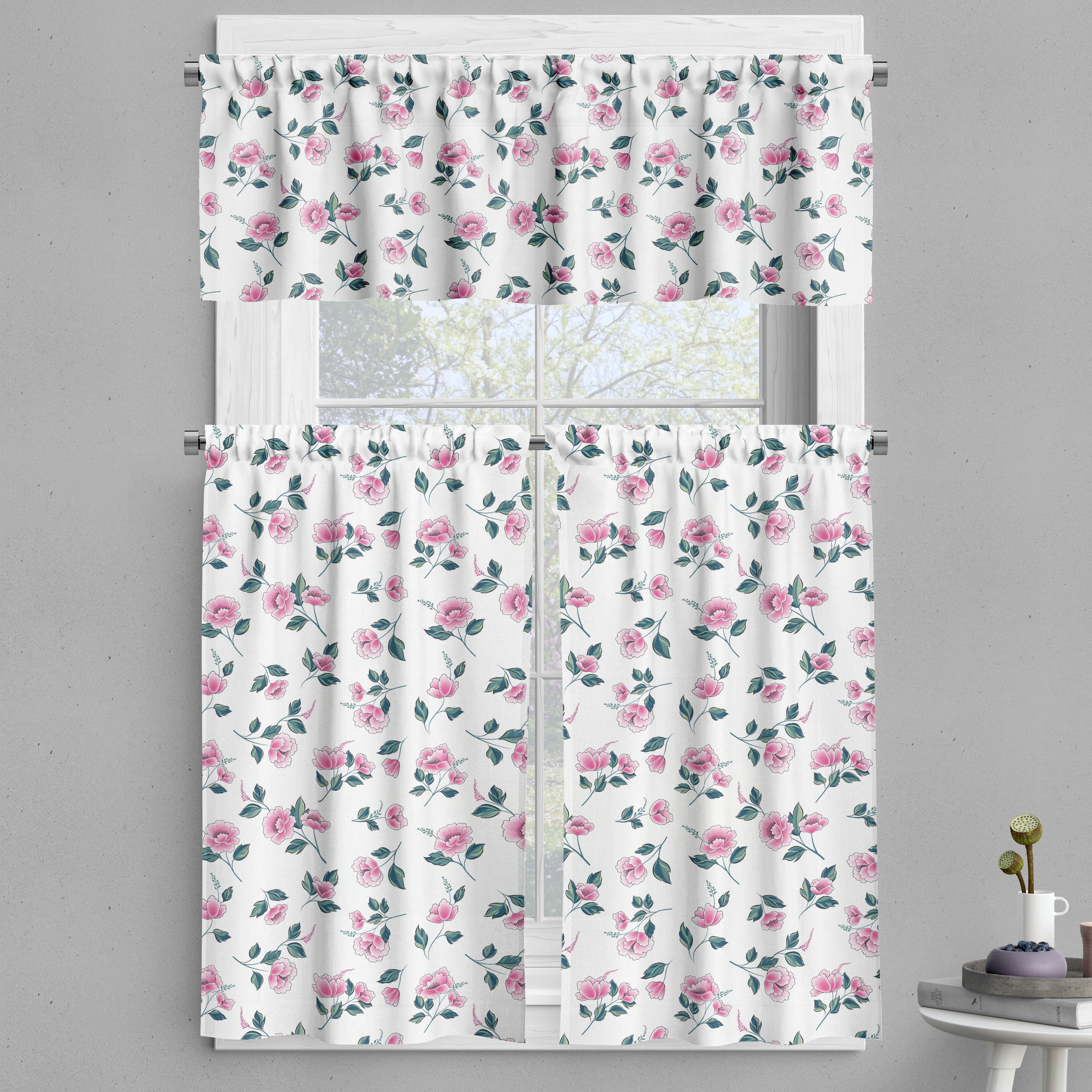 Ambesonne Rose Valance & Curtain, Flowers Leaves Greenery Art, 55"x30 ...