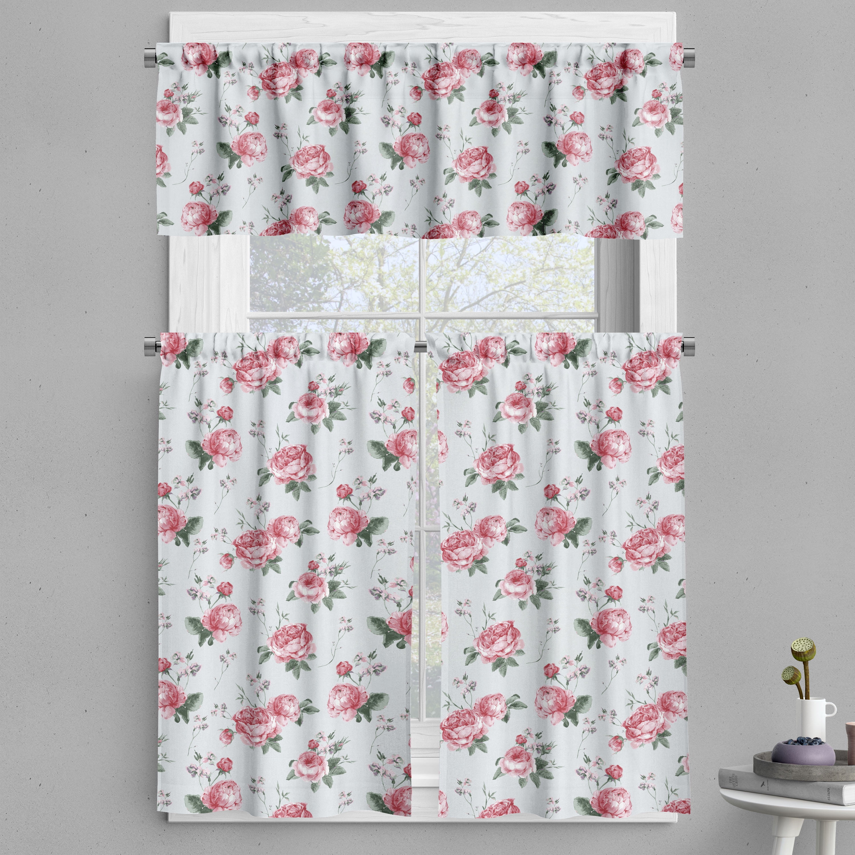 Ambesonne Rose Valance & Curtain, Pink Blossom English Flora, 55"x36 ...