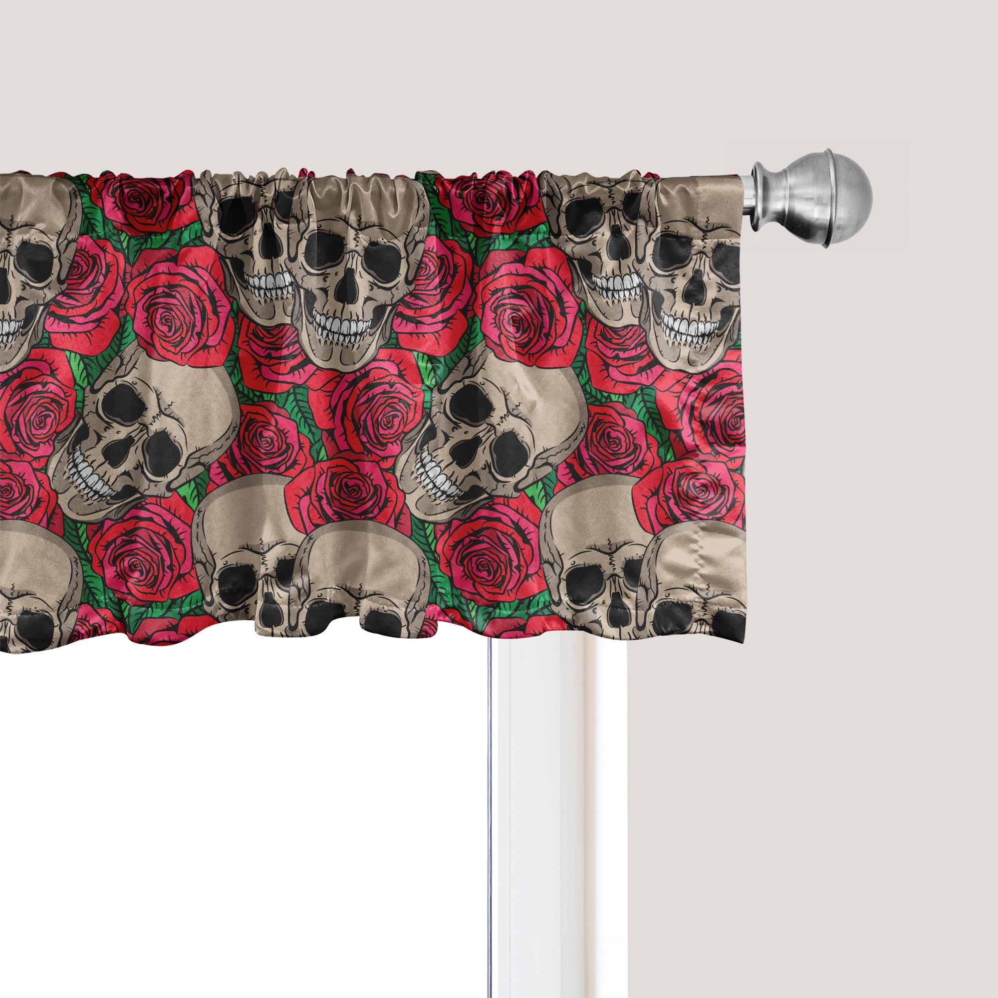 Ambesonne Rose Window Valance, Skulls Red Blossoms Retro, 54" X 12 ...