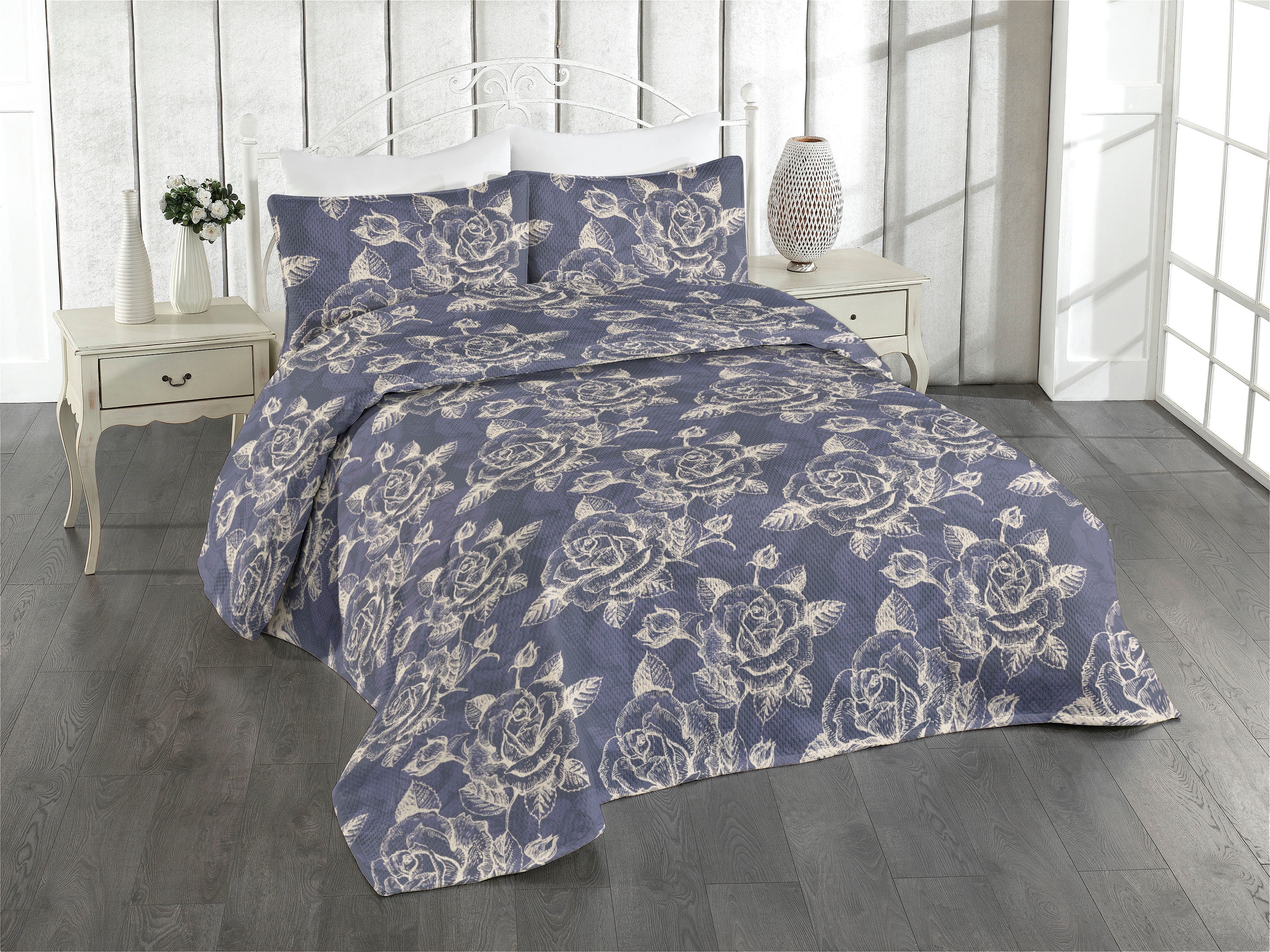 Ambesonne Roses Quilted Bedspread Set 3 Pcs, Blossoming Wild Flowers ...