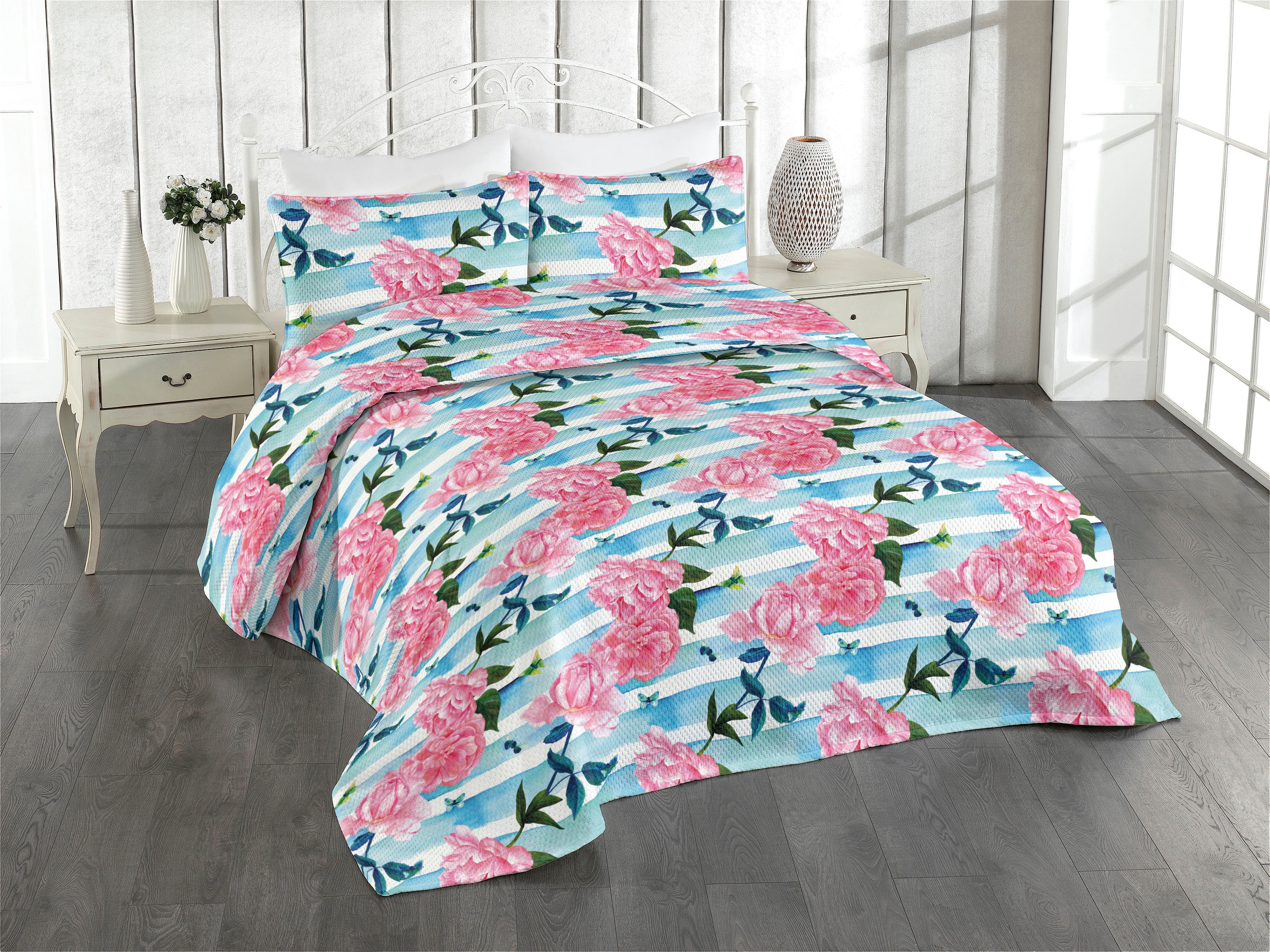 Ambesonne Roses Quilted Bedspread Set 3 Pcs, Pastel Colors Vintage ...