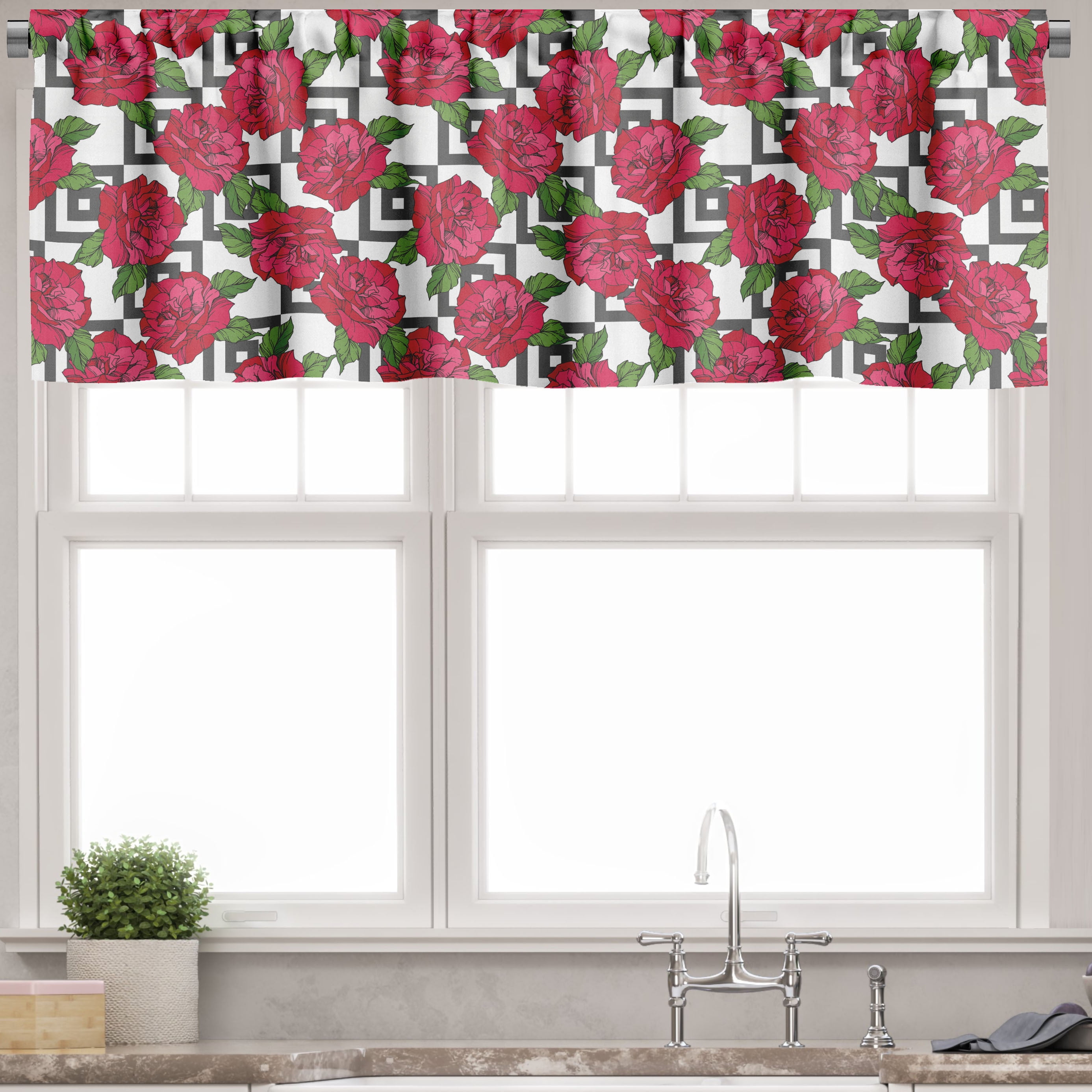 Ambesonne Roses Valance Pack of 2, Flowers on Nested Squares, 54"X12 ...