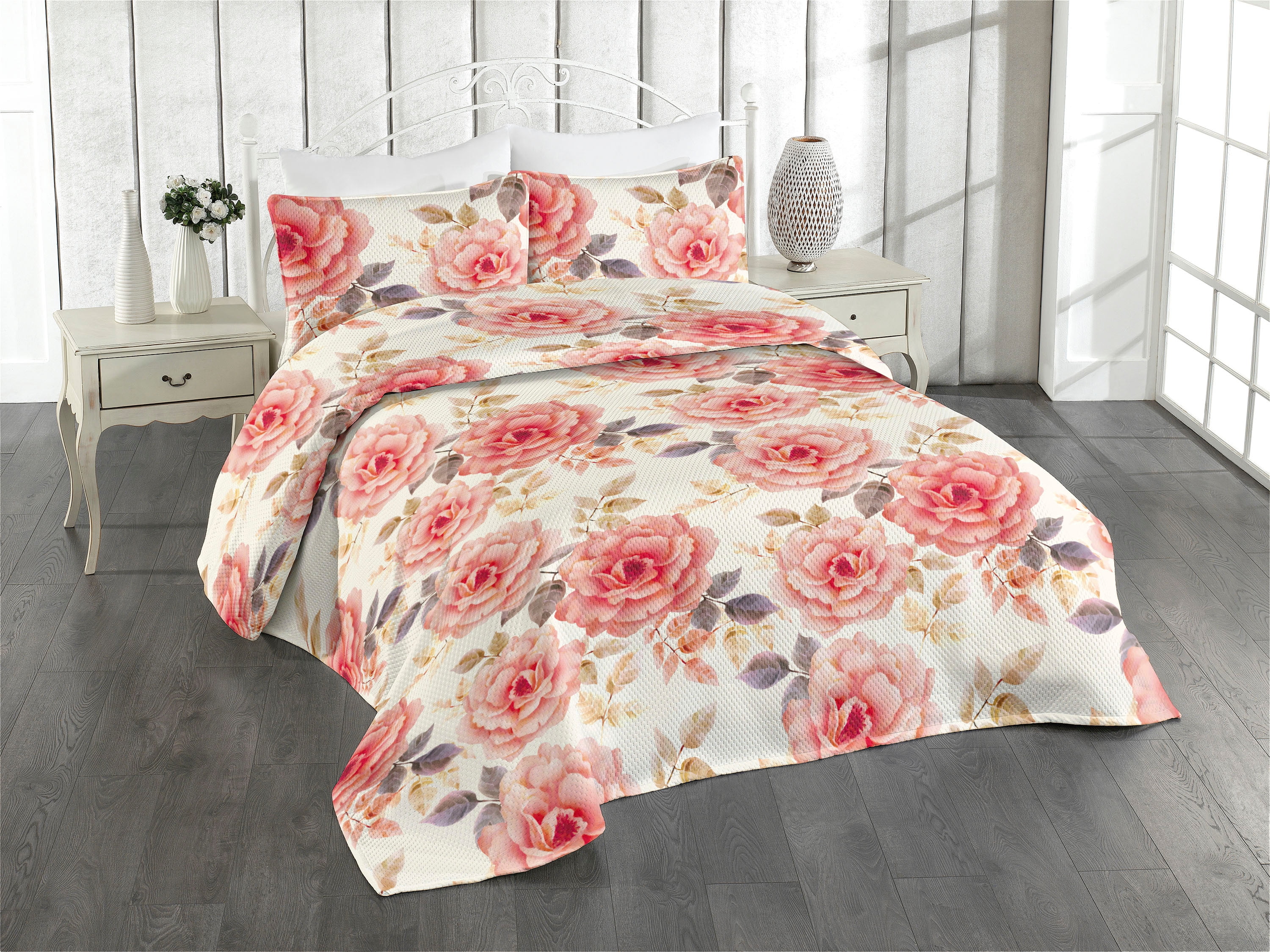 Ambesonne Rosetta Quilted Bedspread Set 3 Pcs, Vintage Rose Floral Boho ...