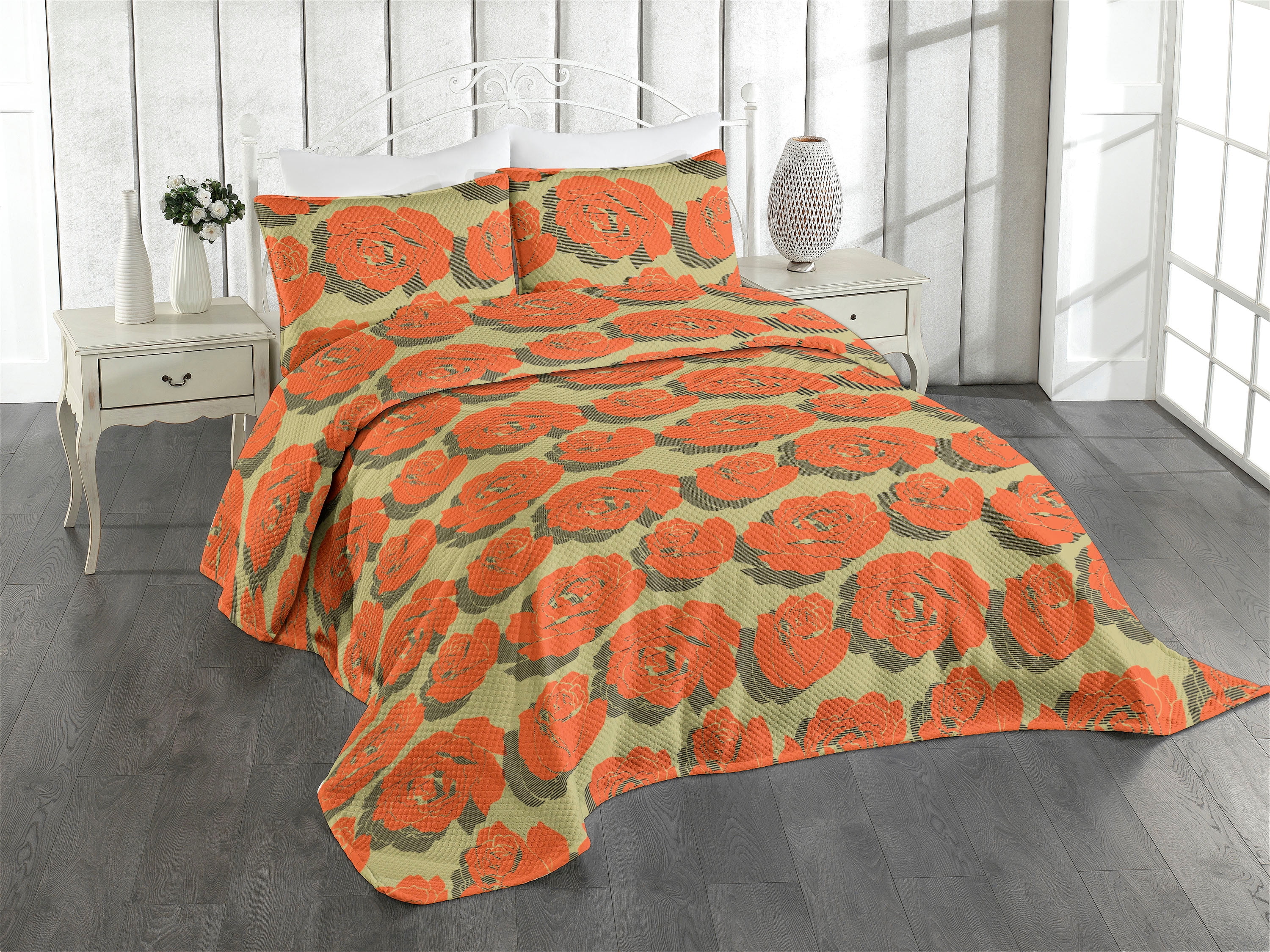 Ambesonne Rosetta Quilted Coverlet 3 Pcs, Modern Rose Flowers Print ...