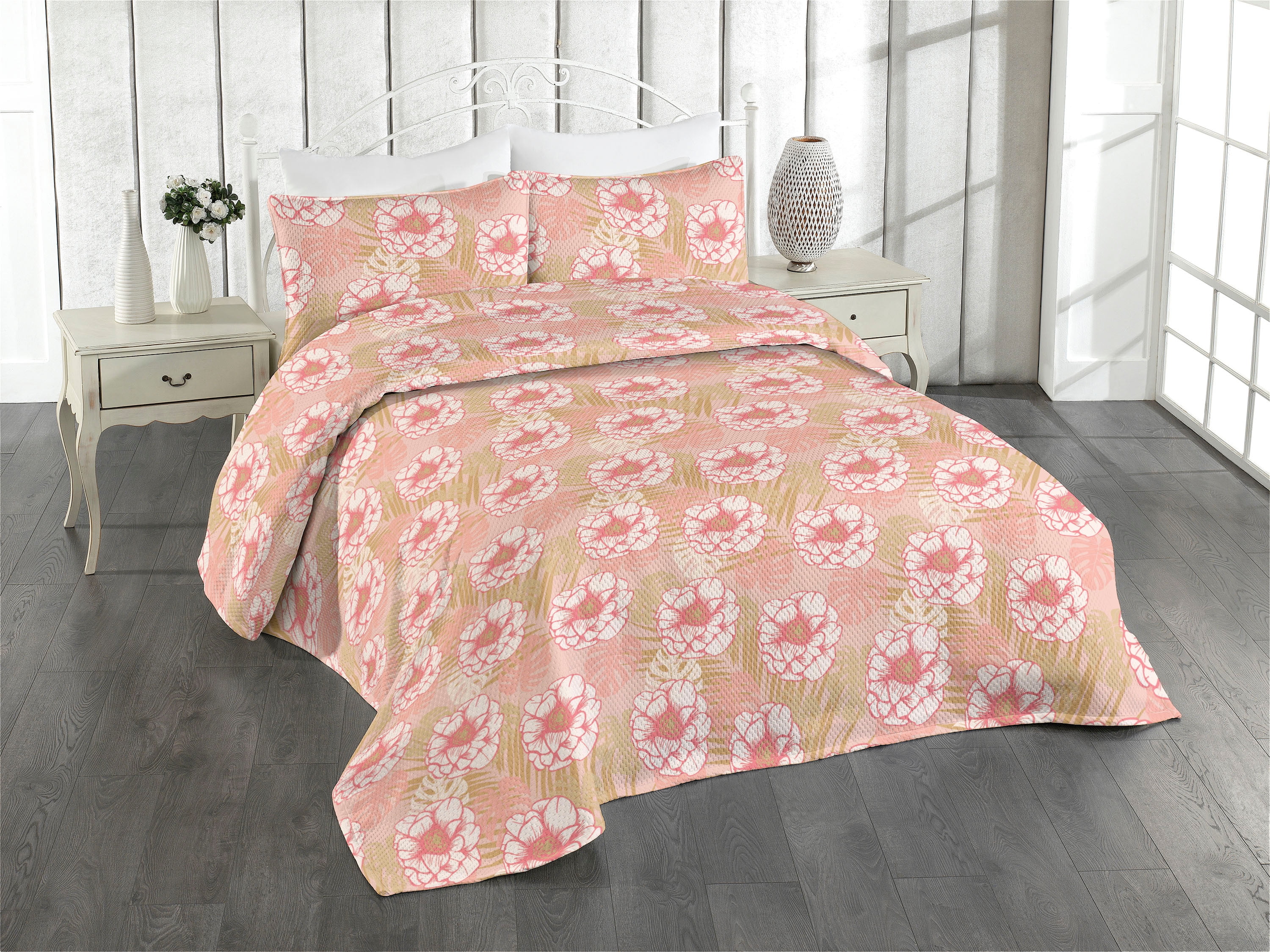 Ambesonne Rosette Pattern Quilted Bedspread Set 3 Pcs, Aloha Roses ...
