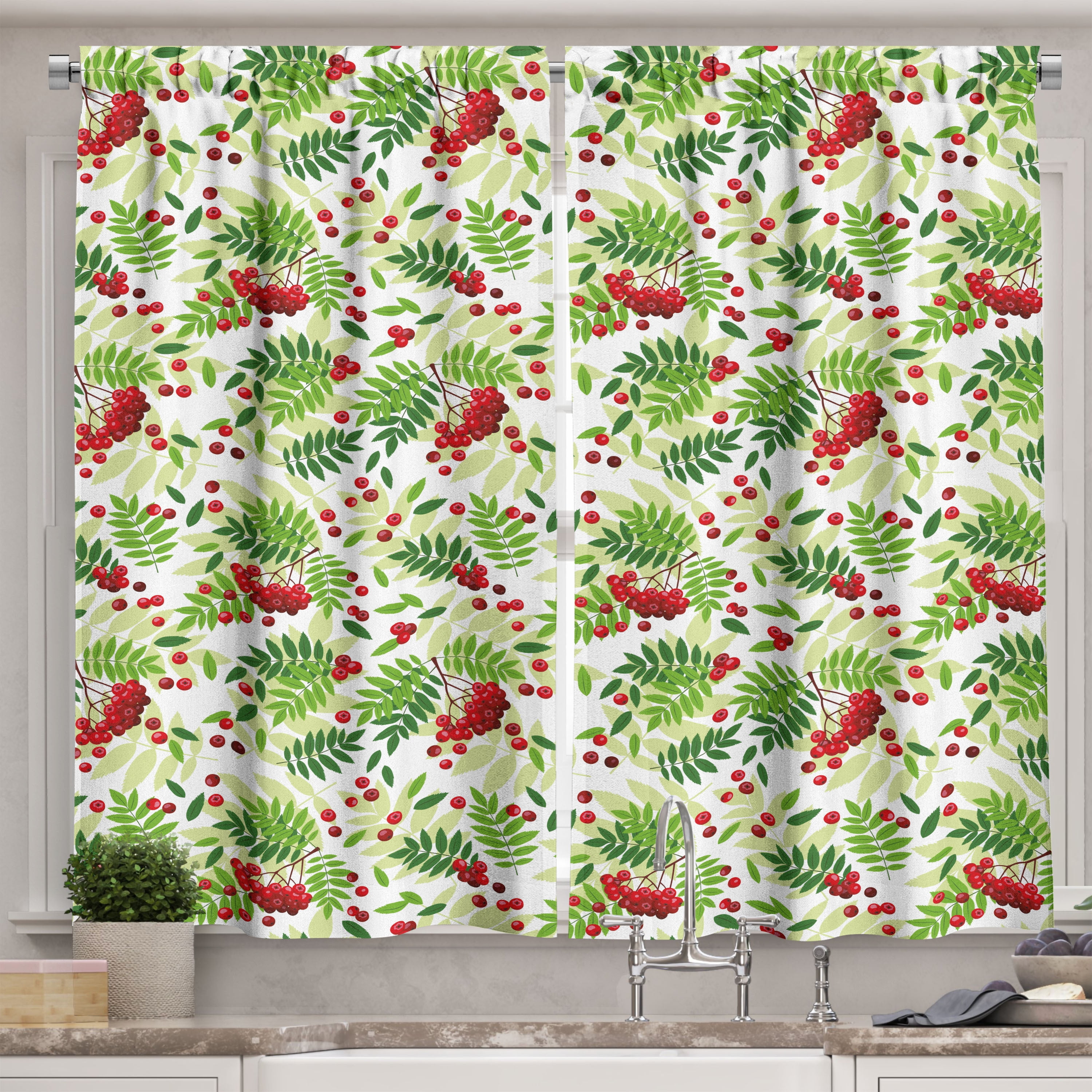 Ambesonne Rowan Kitchen Curtains, Green Leaves Wild Fruits, 55"x39 ...