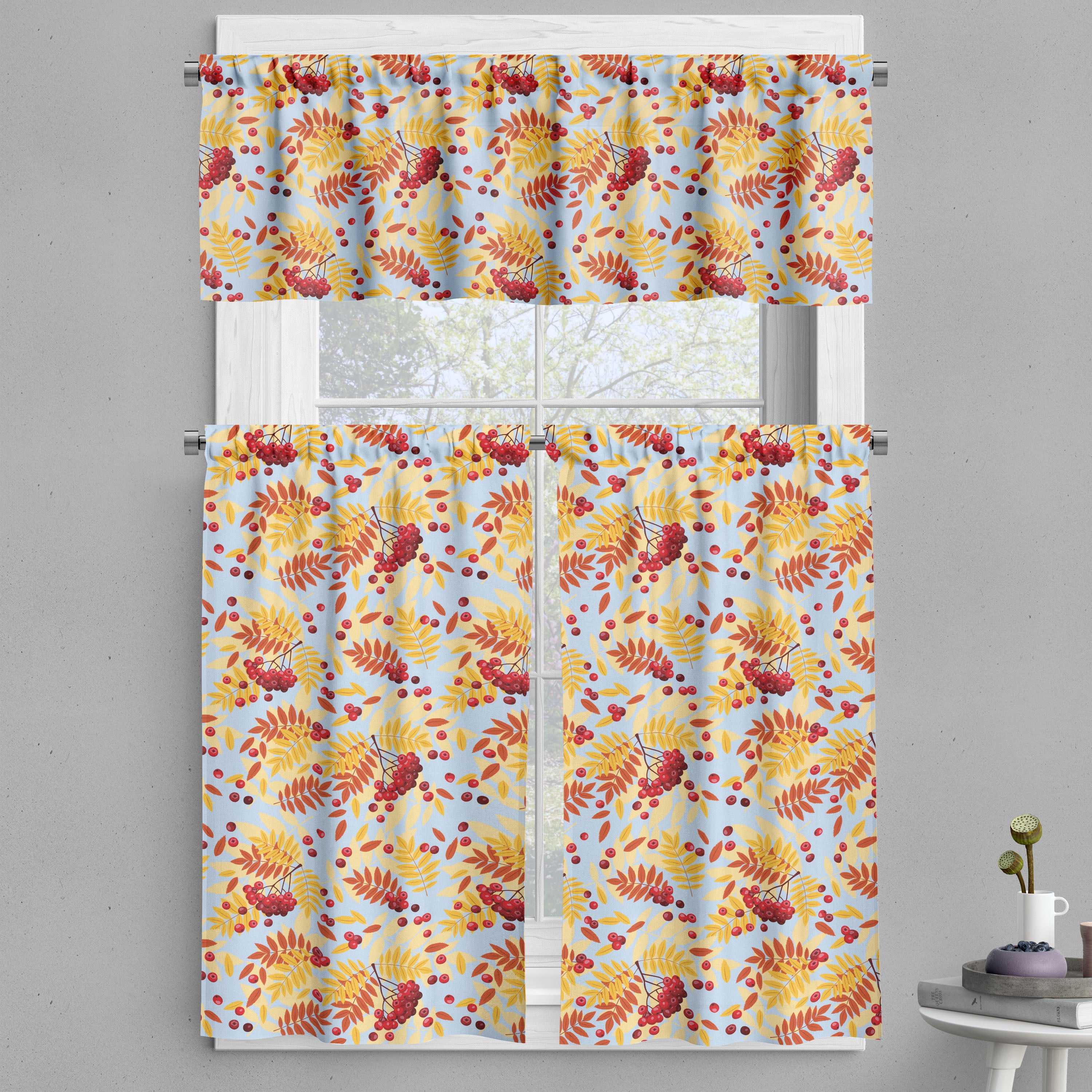 Ambesonne Rowan Valance & Curtain, Ripe Berries Dried Leaves, 55"x36 ...