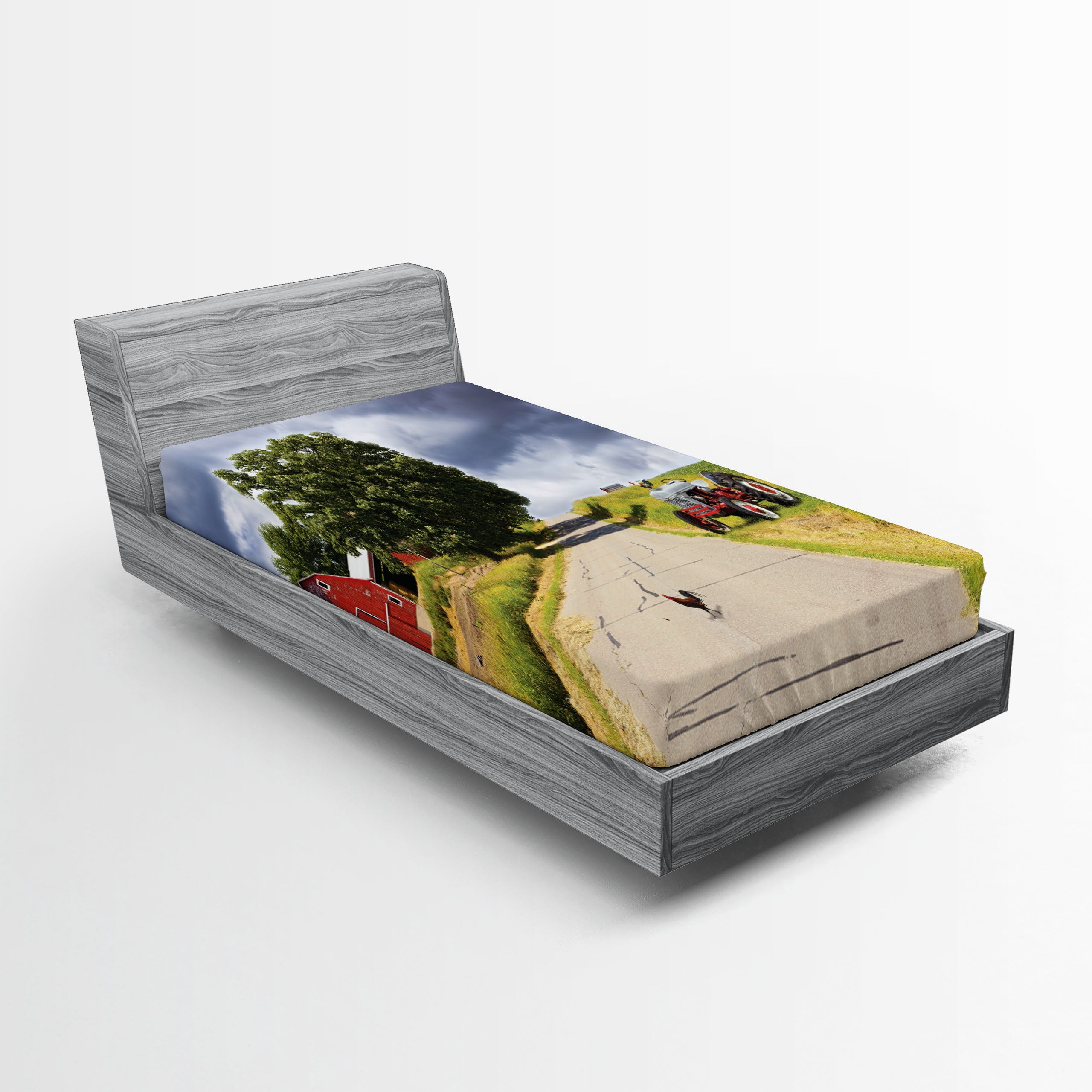 Ambesonne Rural Fitted Sheet 2 Pcs Set, Barn and Tractor on Side, Twin ...