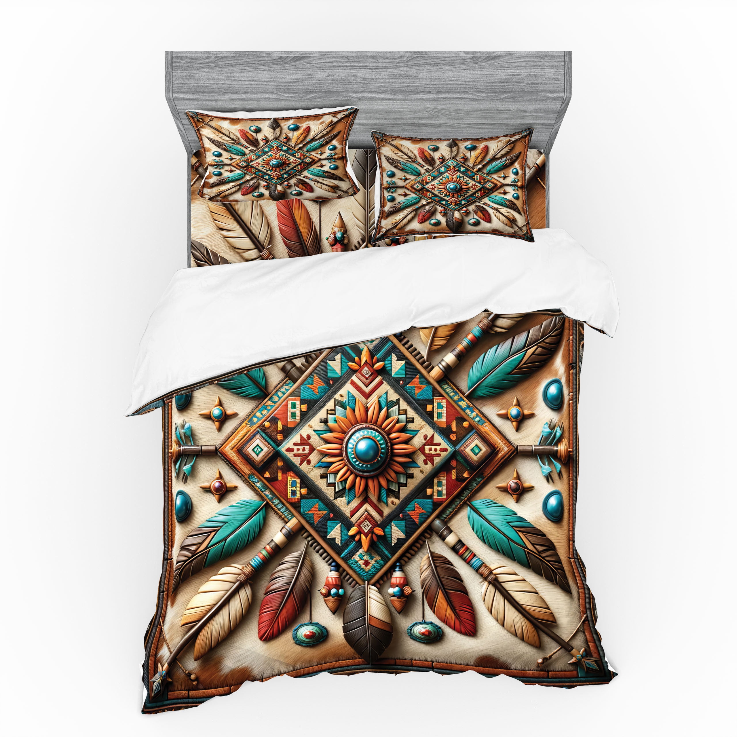 Ambesonne Rustic Bedding Set 4 Pcs, Southwestern Square Feathers, King ...