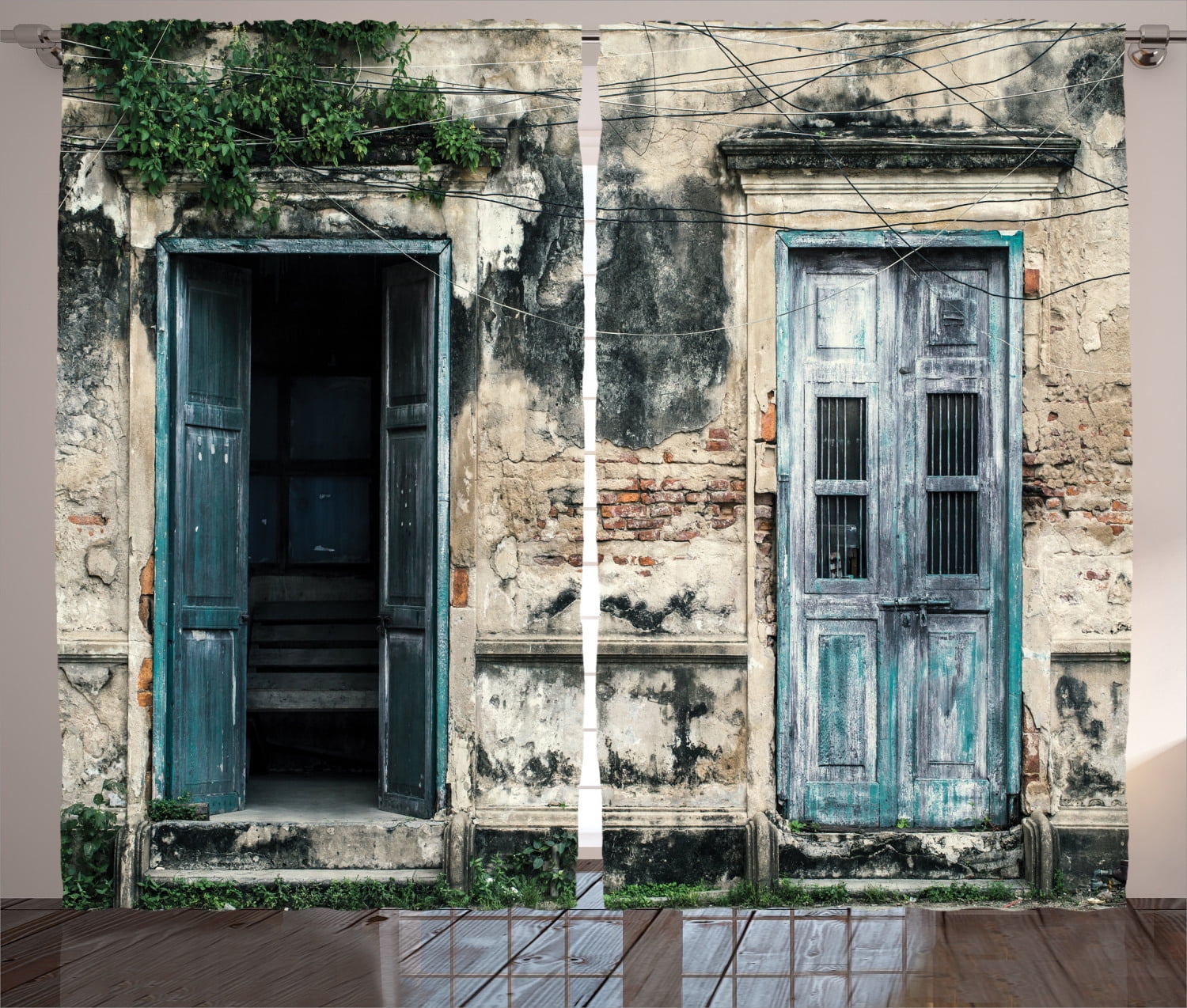 Ambesonne Rustic Curtains 2 Panel Set, Doors of Old Rock House, 108" x ...