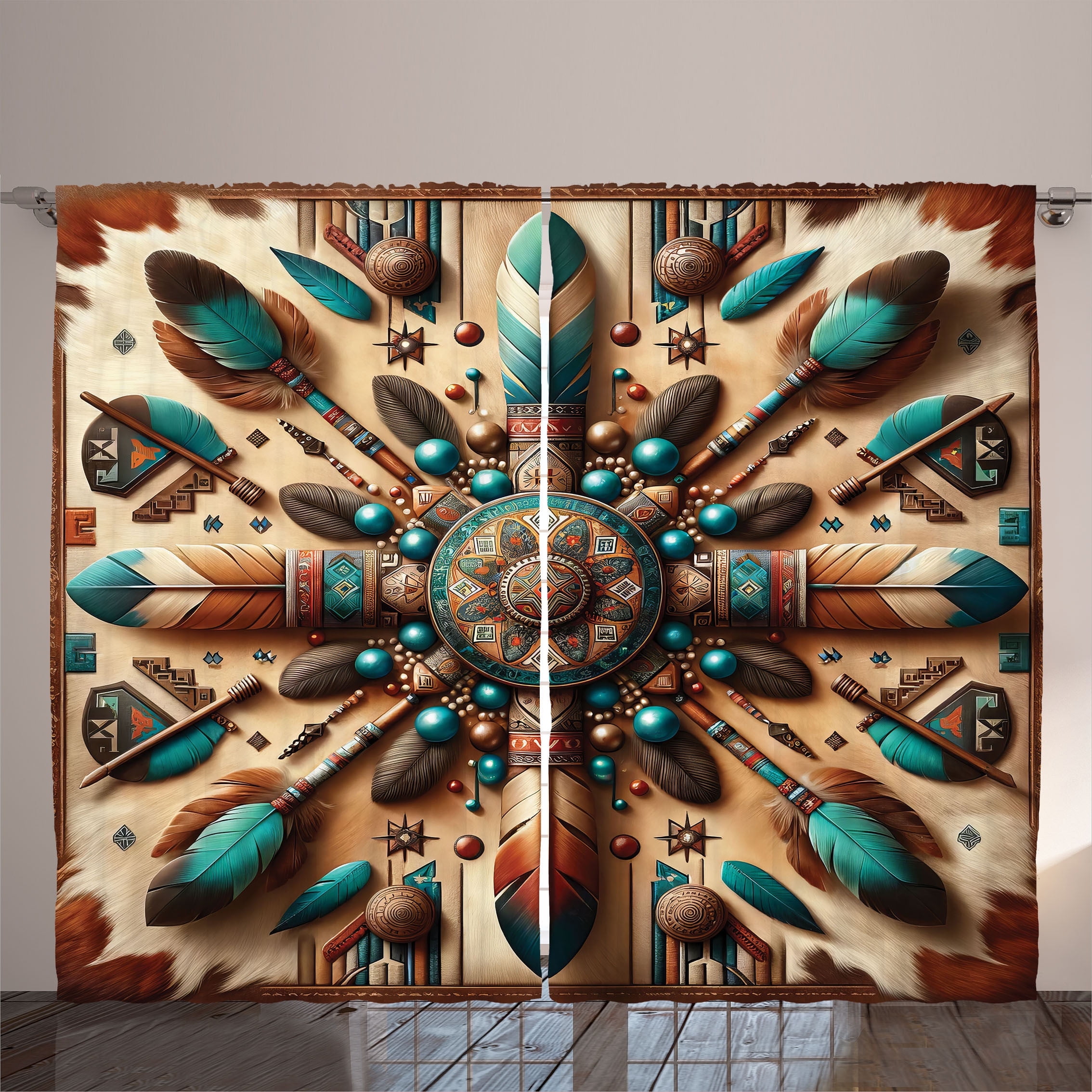 Ambesonne Rustic Curtains 2 Panel Set, Ethnic Southwestern Feathers, 108" x 84", Redwood and ...