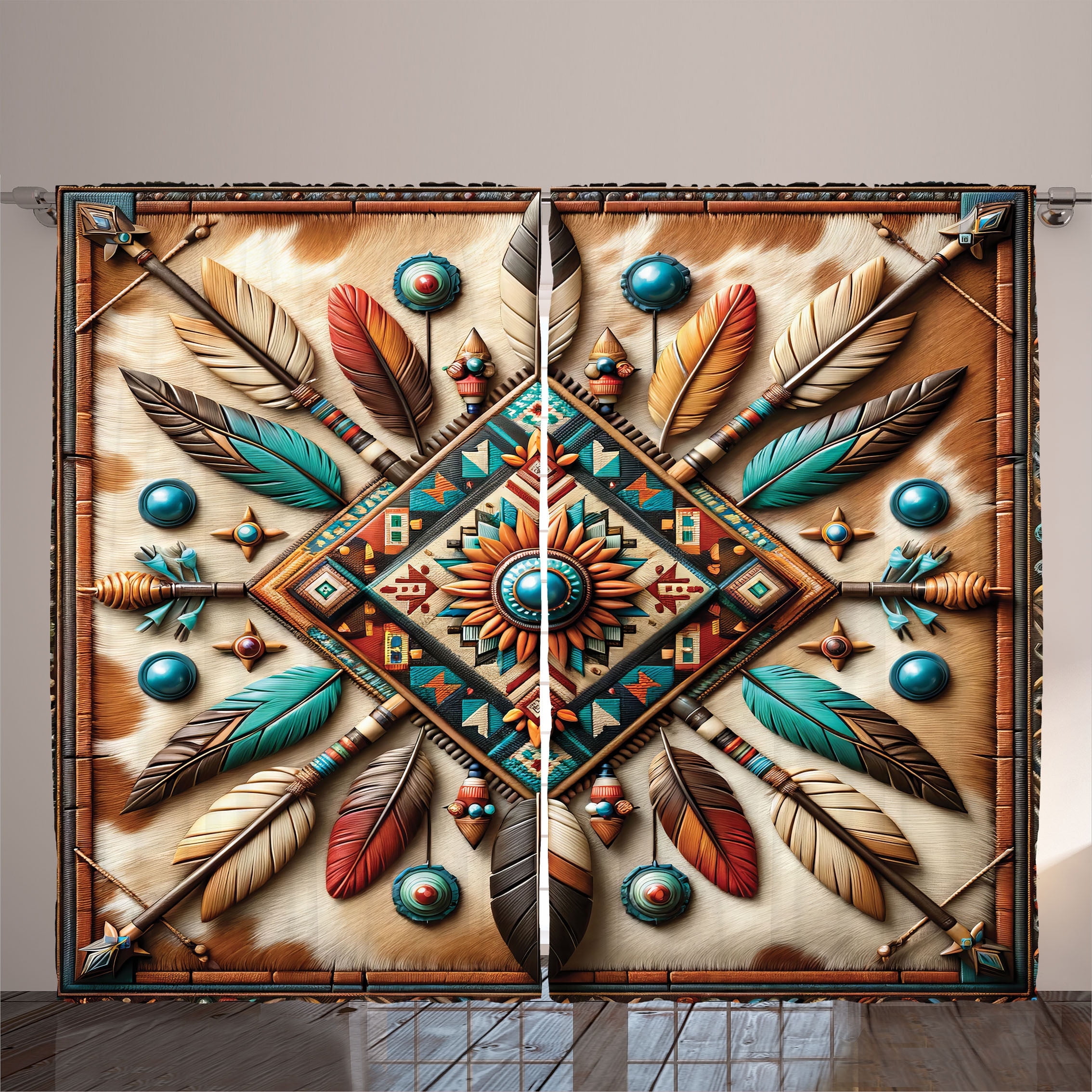 Ambesonne Rustic Curtains 2 Panel Set, Southwestern Square Feathers ...