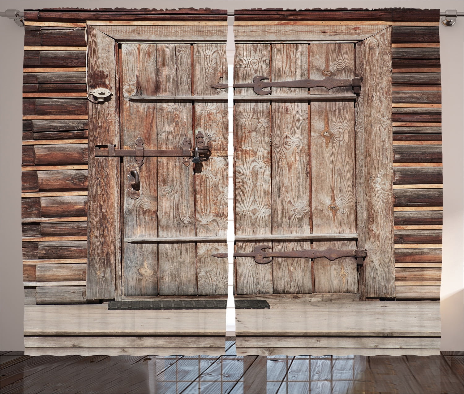 Ambesonne Rustic Curtains 2 Panel Set, Timber Door Log House, 108" x 90 ...
