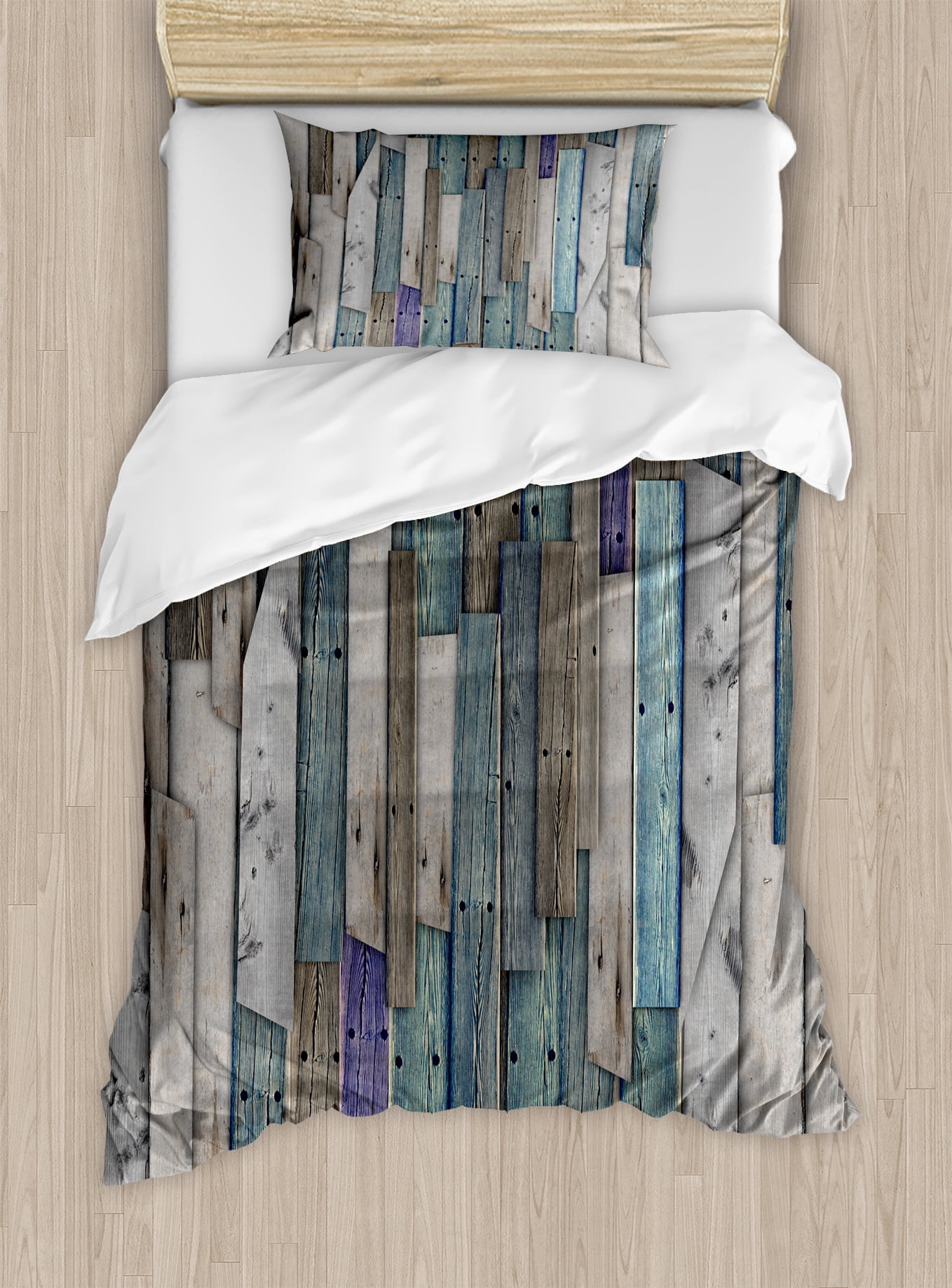 Ambesonne Rustic Duvet Cover Set, Blue Grey Planks Grunge, Twin, Umber ...