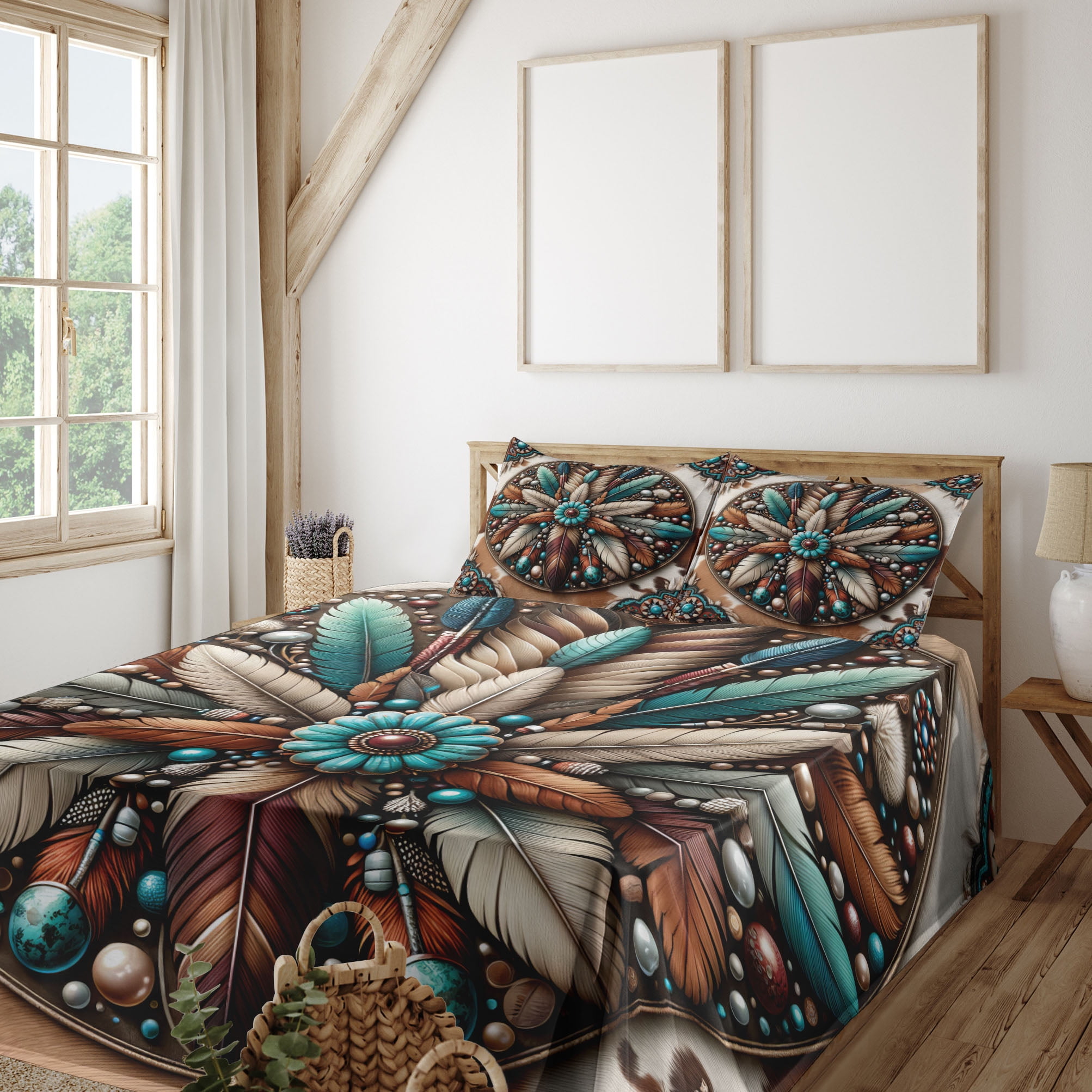 Ambesonne Rustic Fitted & Top Sheet Set with Sham, Southwestern Wreath ...