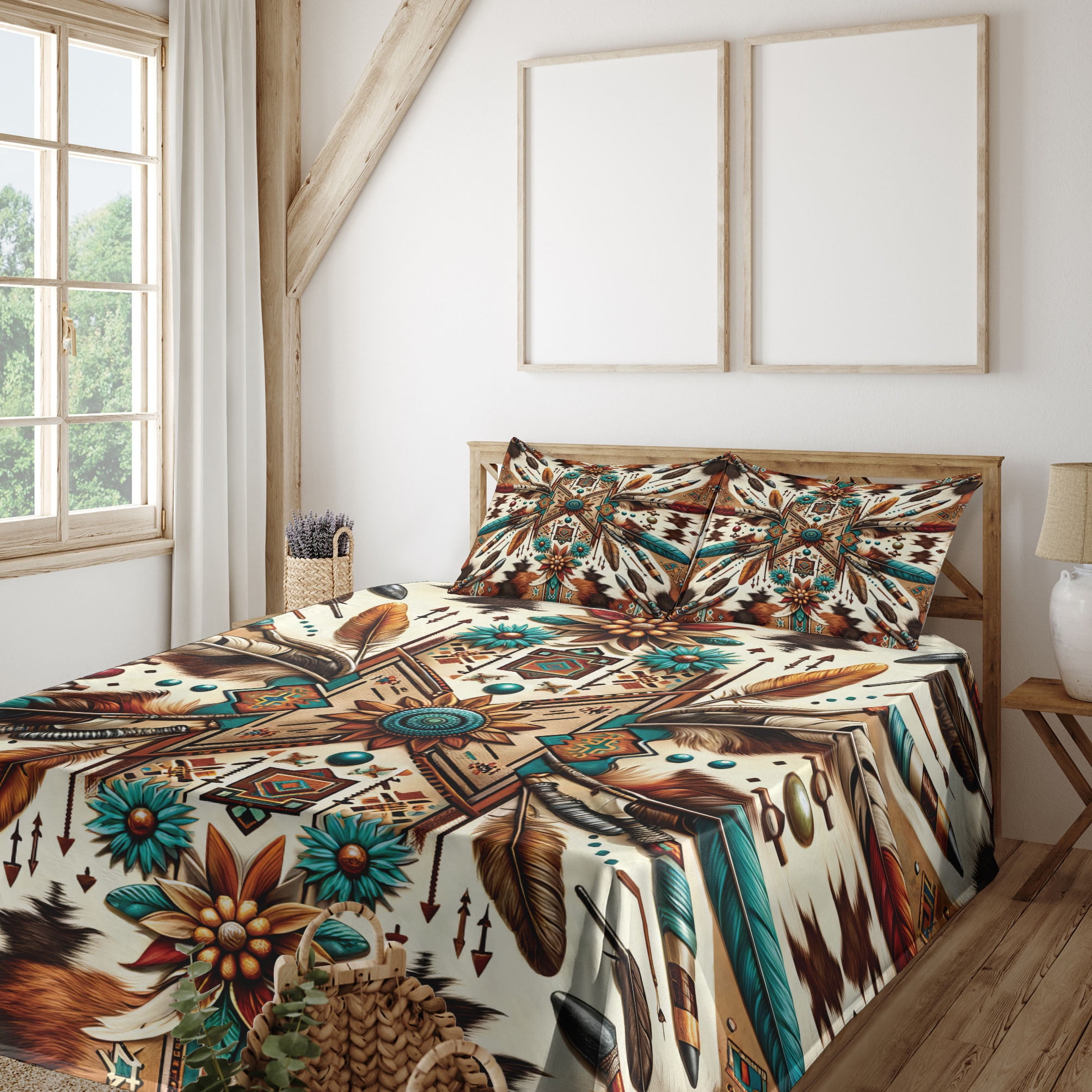 Ambesonne Rustic Fitted & Top Sheet Set with Shams, Aztec Inspired ...