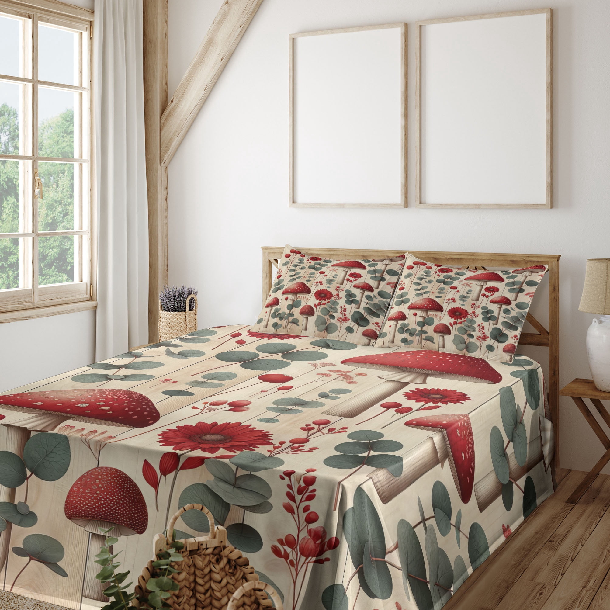 Ambesonne Rustic Fitted & Top Sheet Set with Shams, Floral Woodland ...