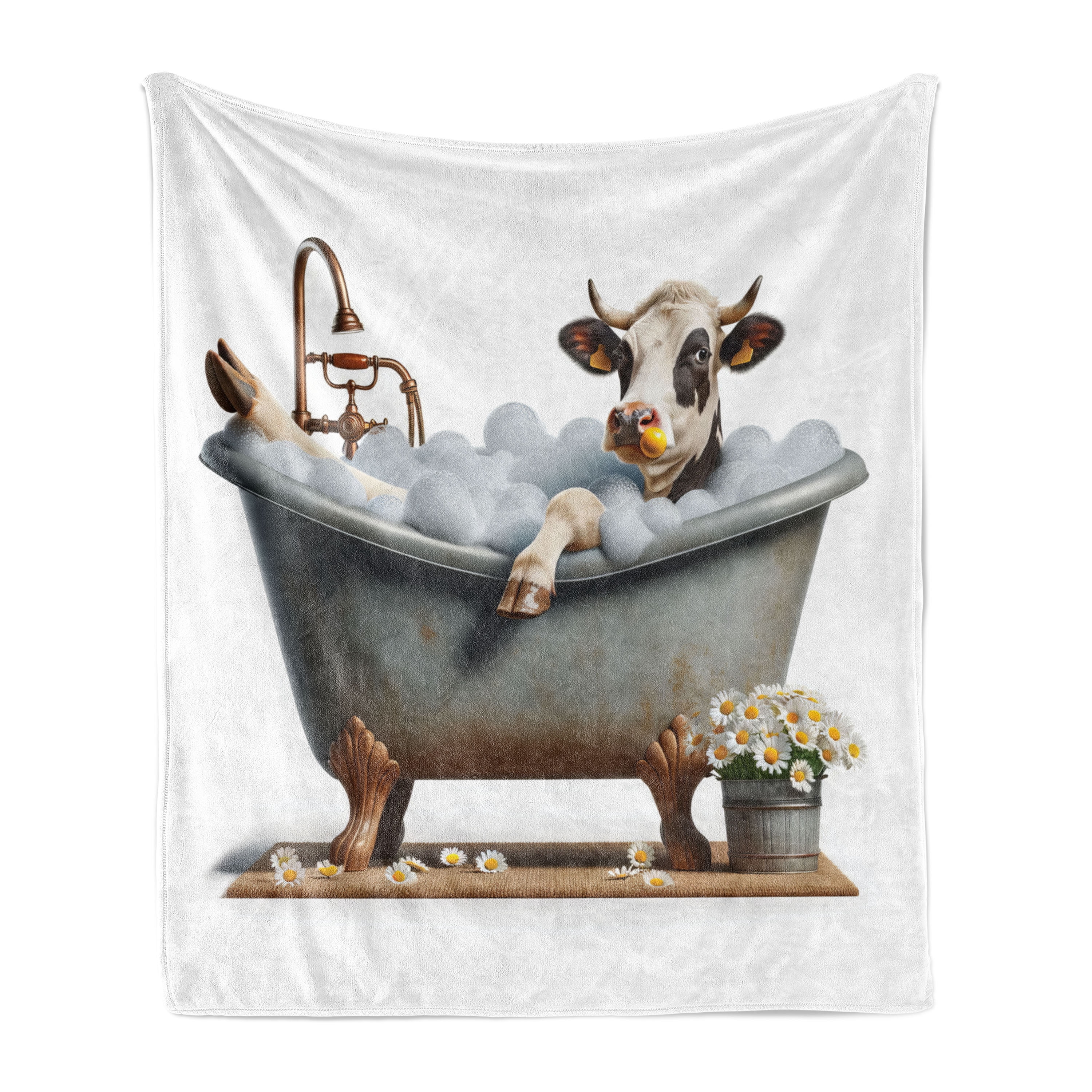 Ambesonne Rustic Fleece Throw Blanket Bathing Cow and Chamomiles 50"x70 ...