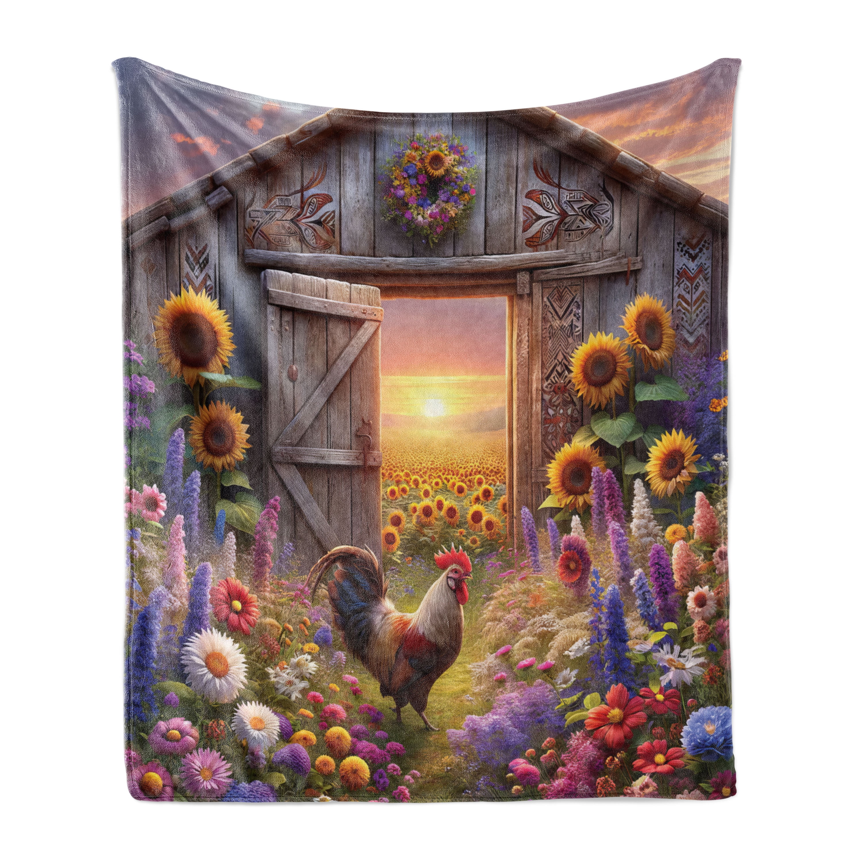 Ambesonne Rustic Fleece Throw Blanket Colorful Flowers and Rooster 50 ...