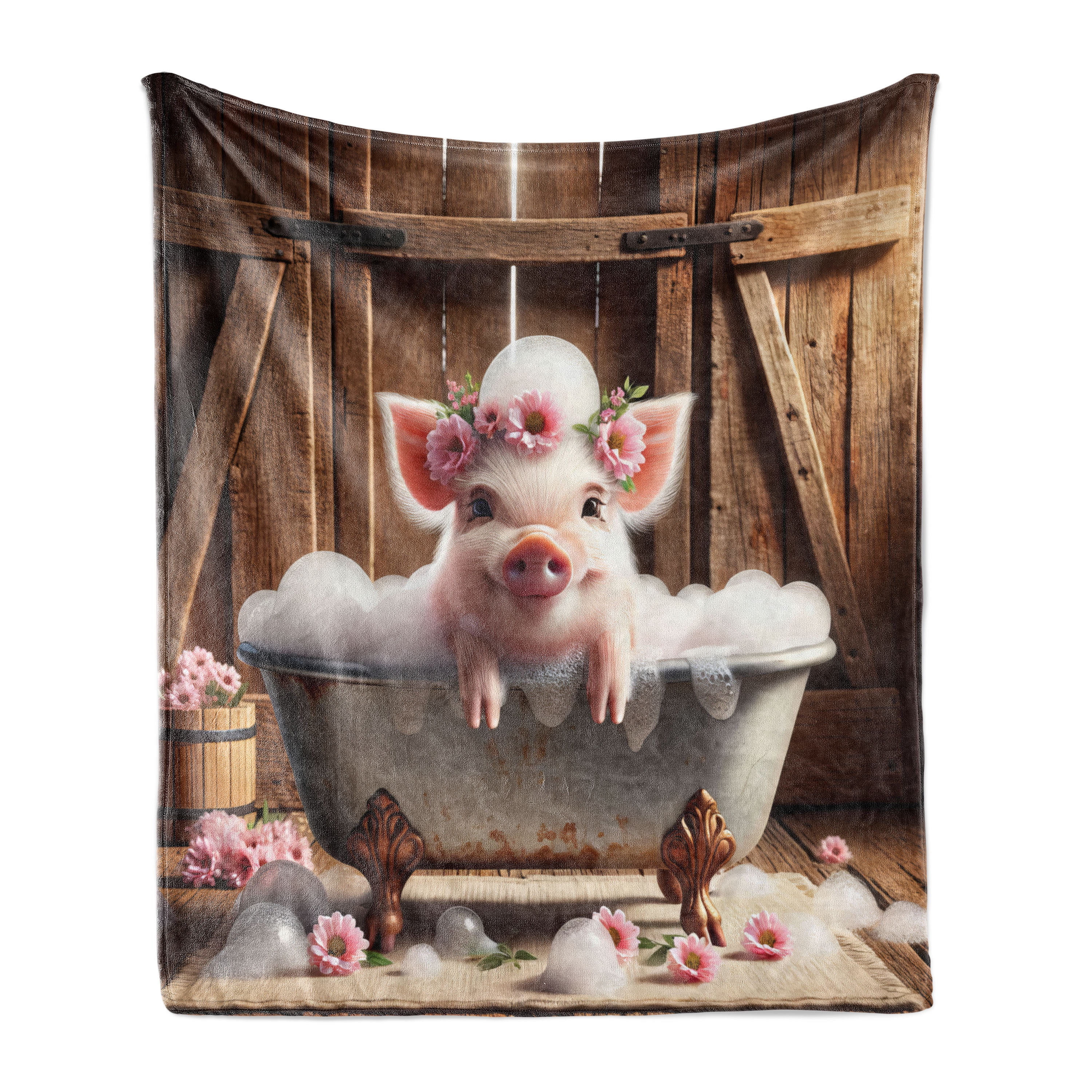 Ambesonne Rustic Fleece Throw Blanket Floral Pig Bubbly Barn Bath 50 ...