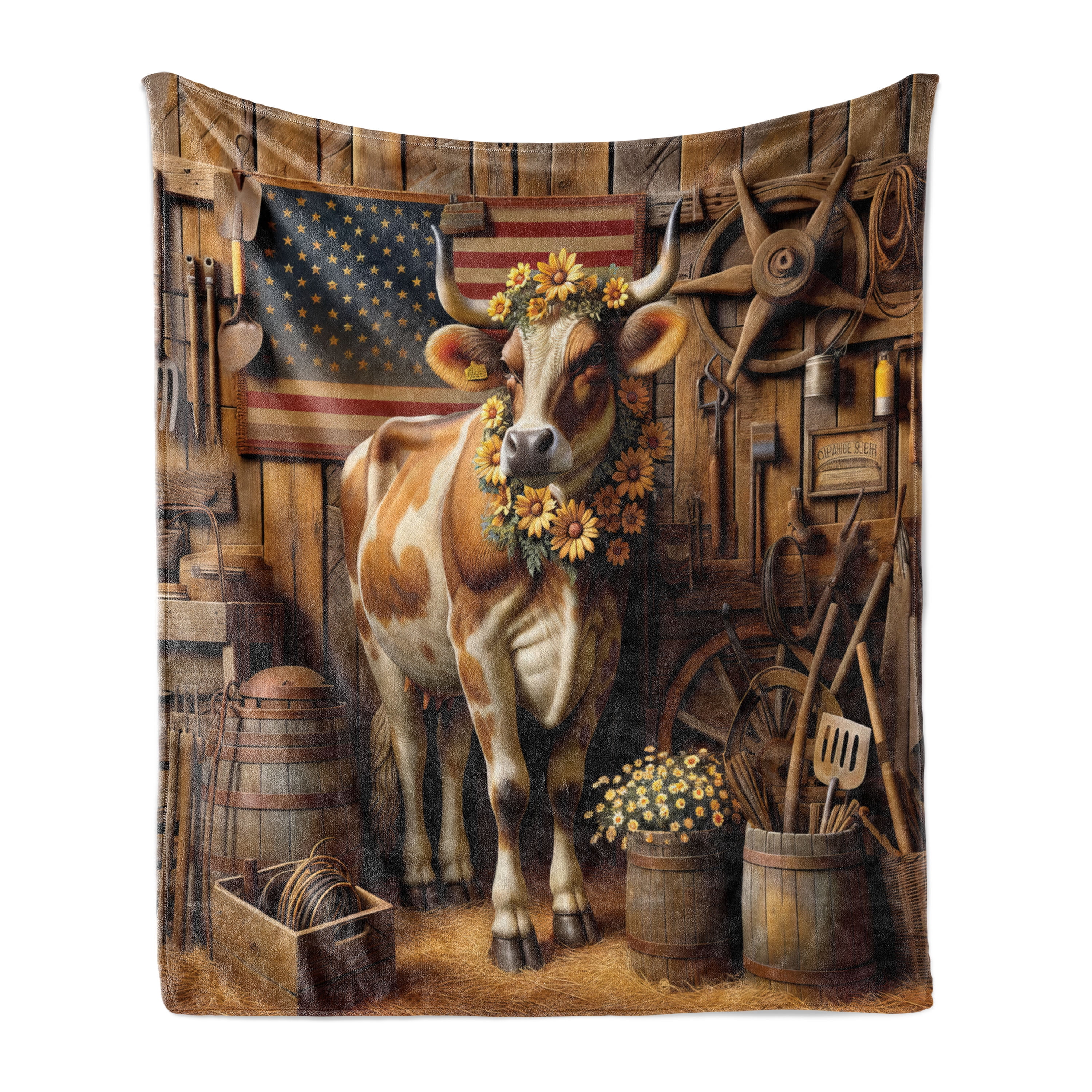 Ambesonne Rustic Fleece Throw Blanket Grunge Old Glory Barn Cow 50"x70 ...