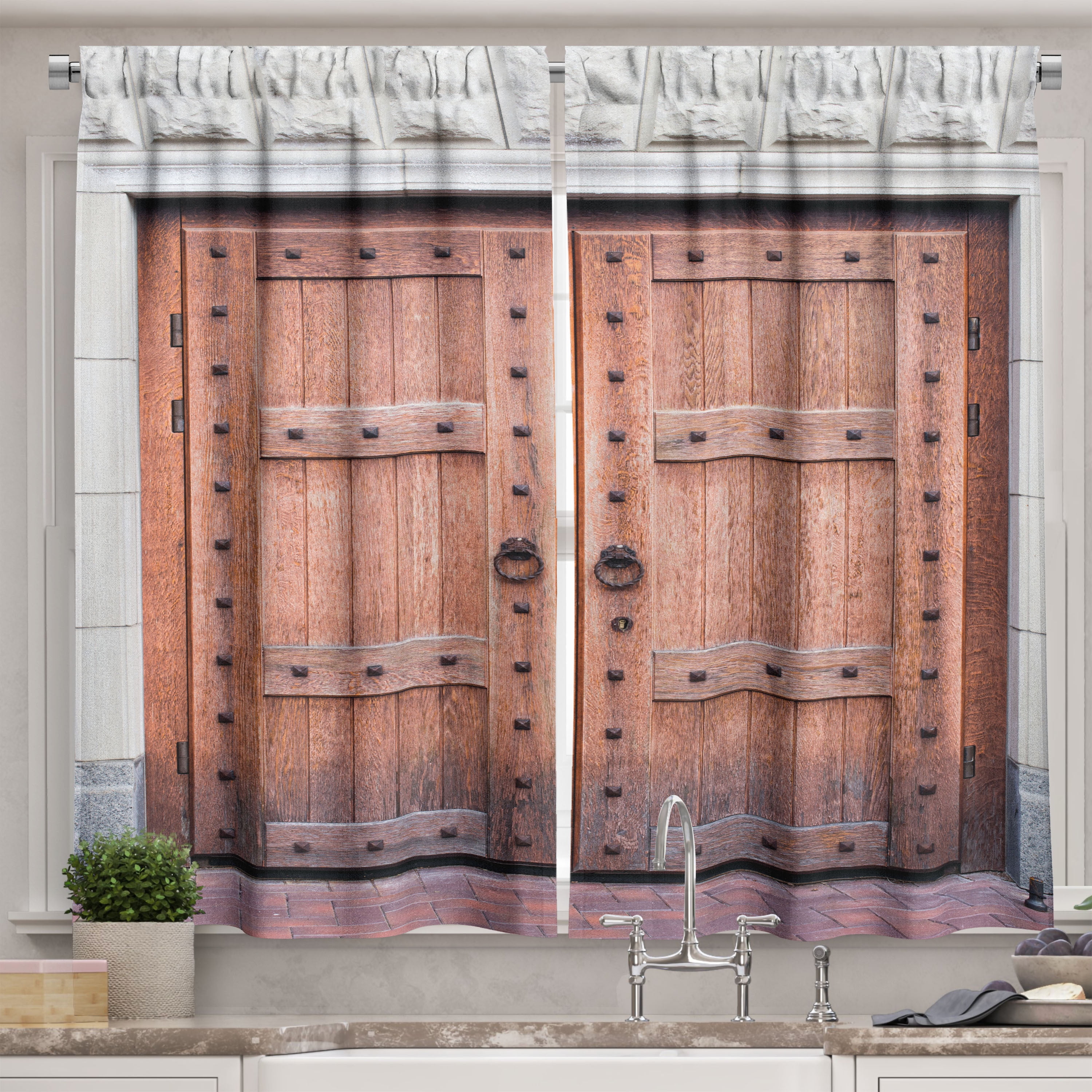Ambesonne Rustic Kitchen Curtains, Antique French Wood Door, 55"x45 ...