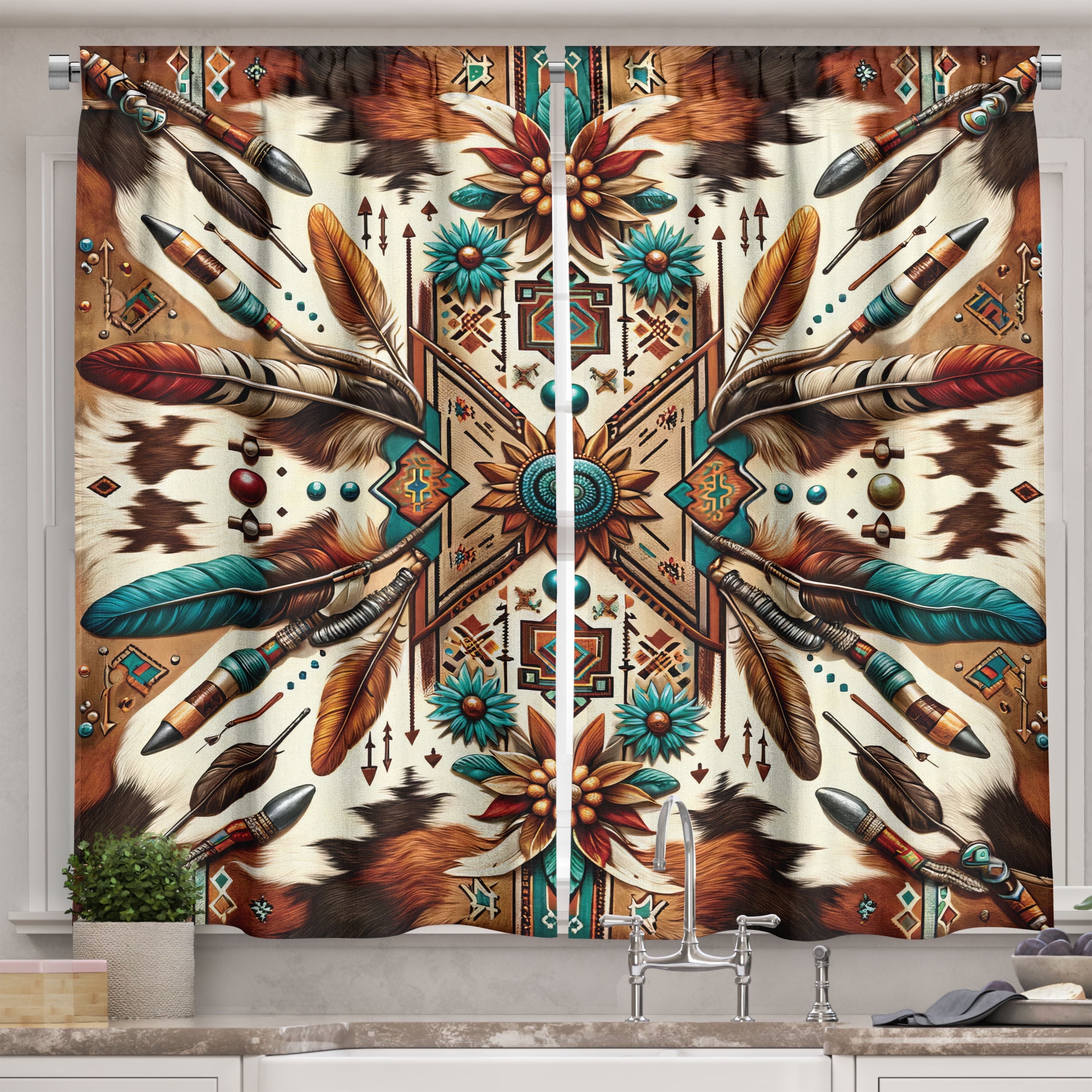 Ambesonne Rustic Kitchen Curtains, Aztec Inspired Feathers Art, 55"x45 ...