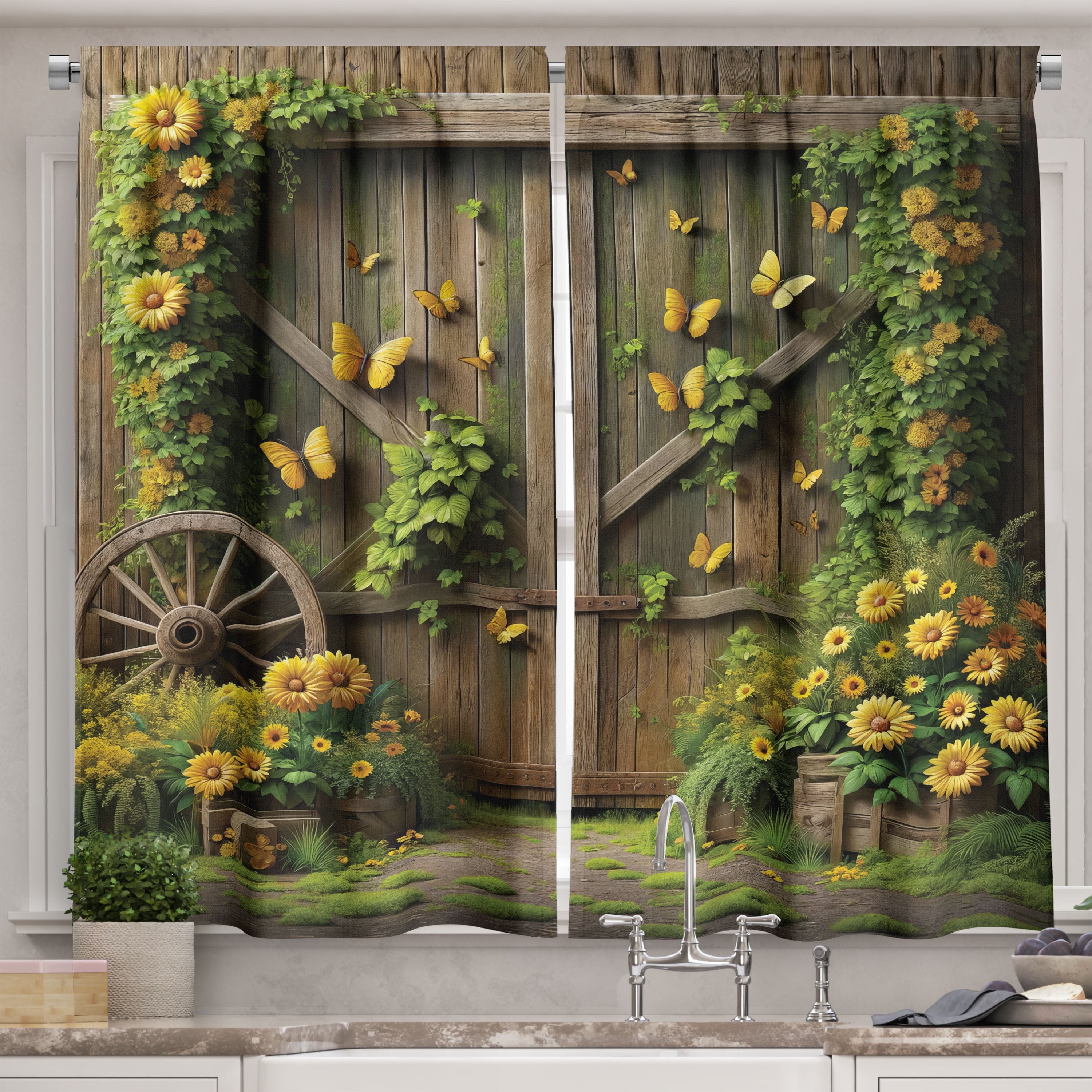 Ambesonne Rustic Kitchen Curtains, Barn Door and Summer Blooms, 55"x39 ...