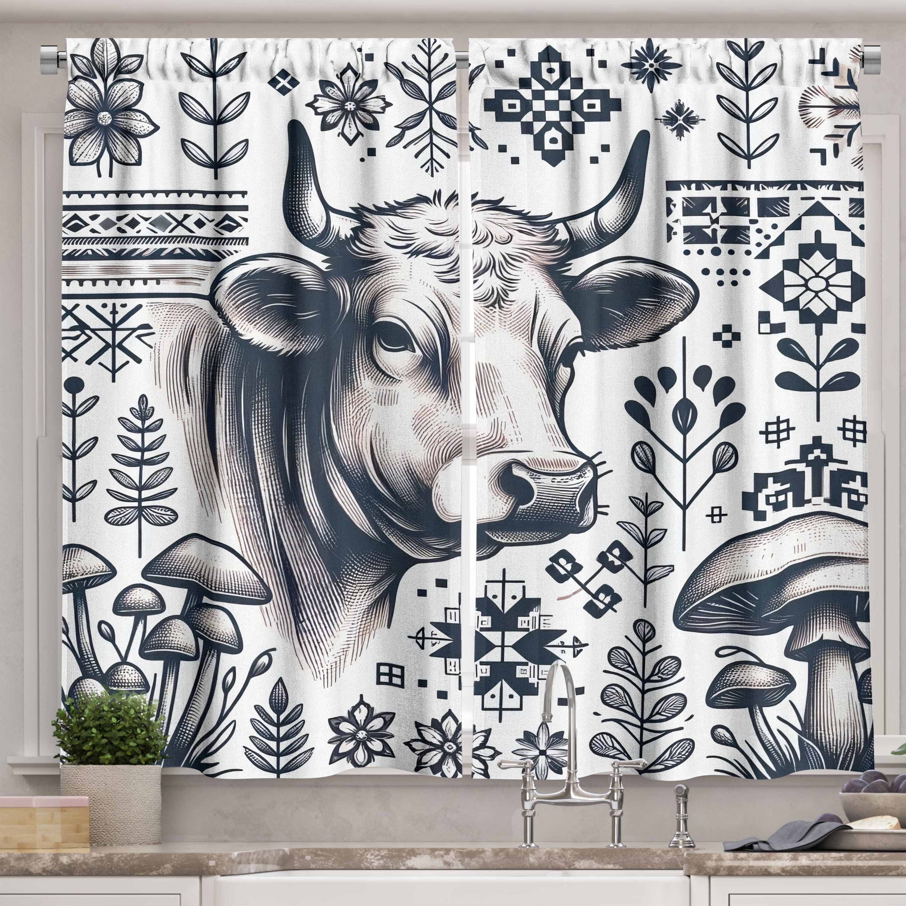 Ambesonne Rustic Kitchen Curtains, Botanical Southwestern Cow, 55"x24 ...