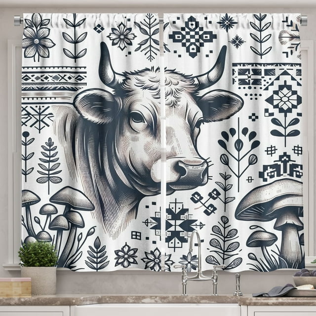 Ambesonne Rustic Kitchen Curtains, Botanical Southwestern Cow, 55"x24 ...