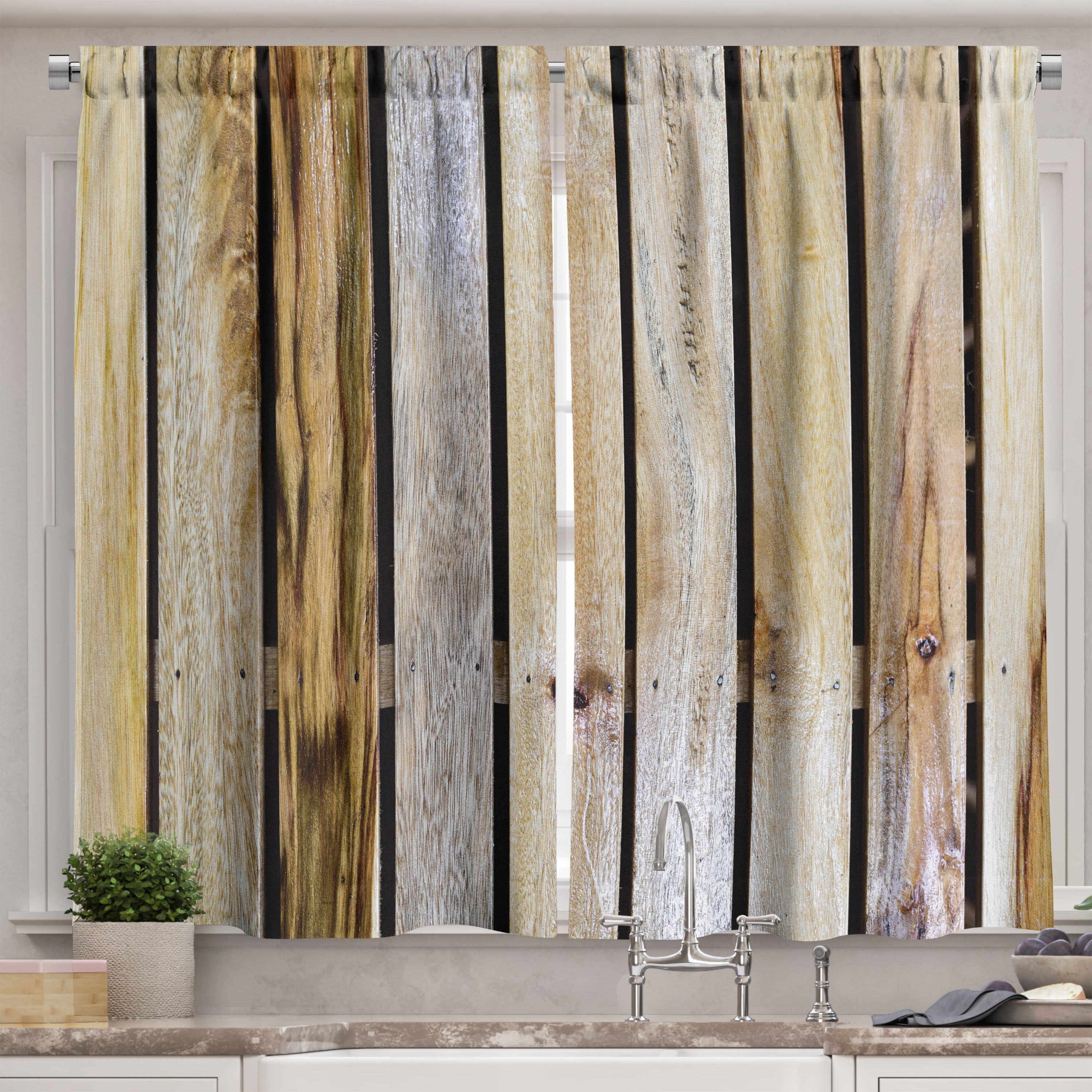 Ambesonne Rustic Kitchen Curtains, Country Timber Fence, 55"x39", Brown ...