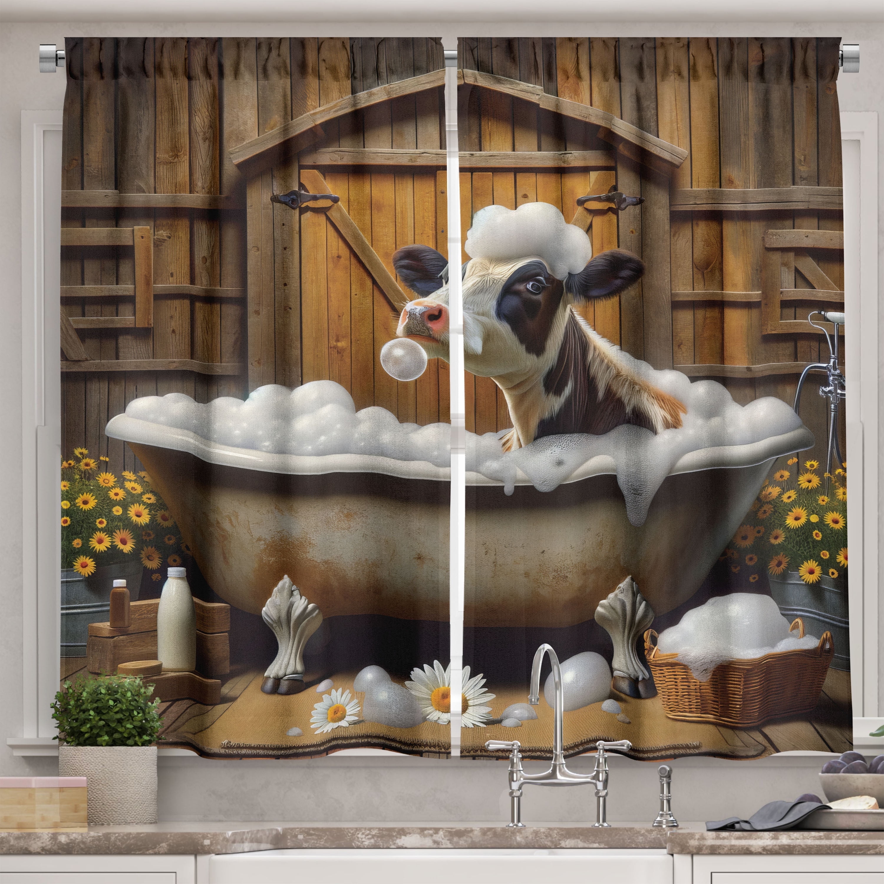 Ambesonne Rustic Kitchen Curtains, Cow in Bubbly Bathtub Barn, 55"x45 ...