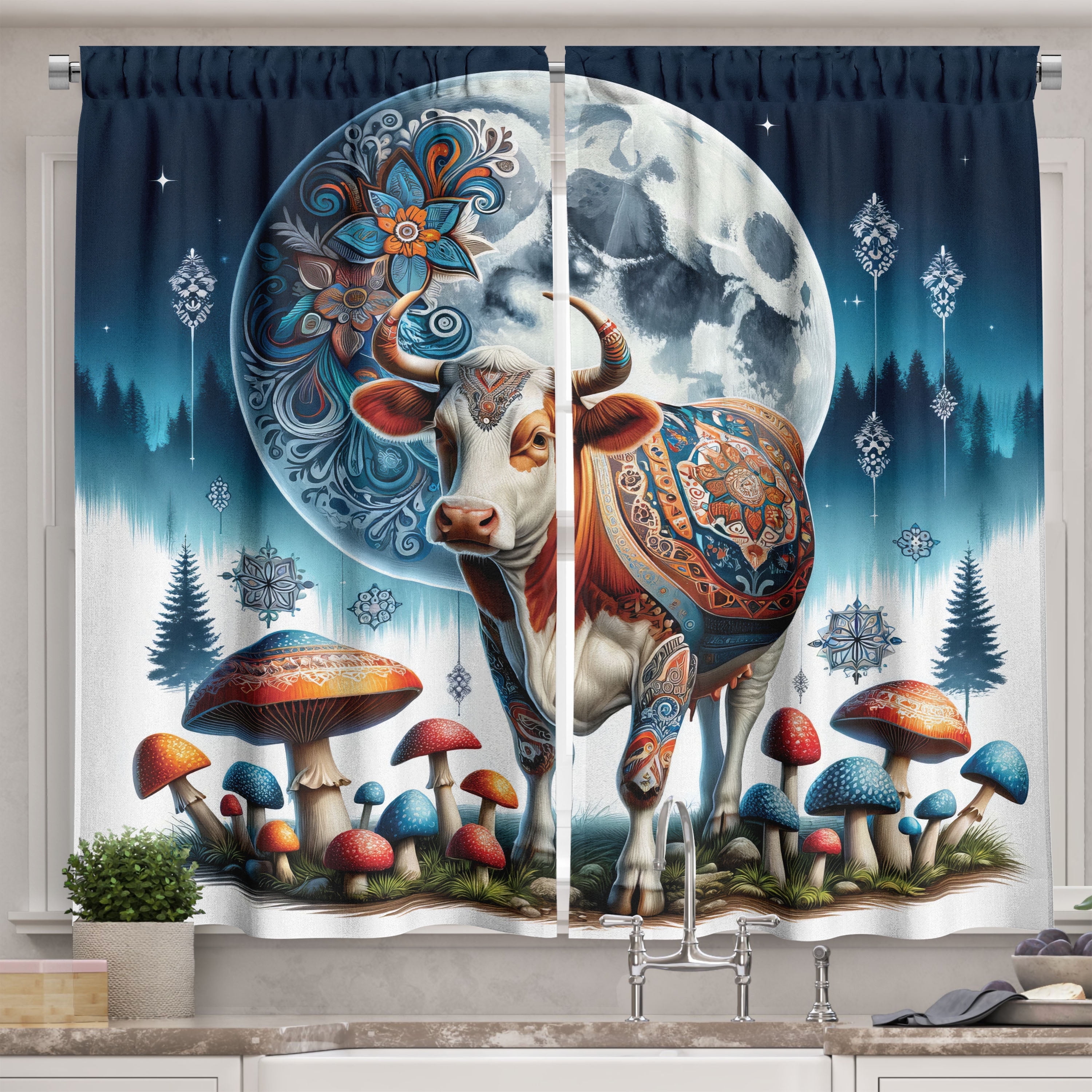 Ambesonne Rustic Kitchen Curtains, Ethnic Night Woods Moon Cow, 55"x36 ...