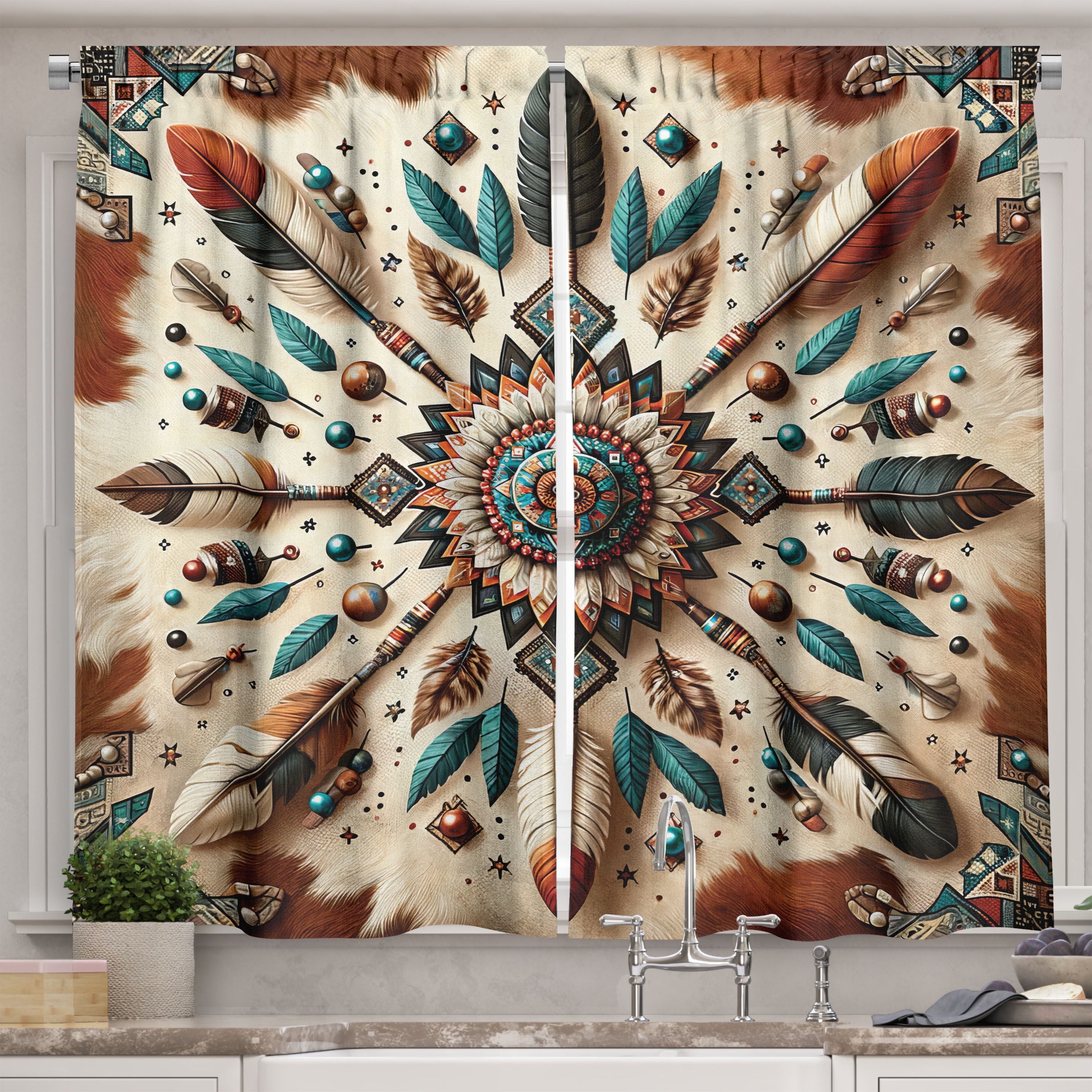 Ambesonne Rustic Kitchen Curtains, Feathers and Arrows Folk Art, 55"x36 ...