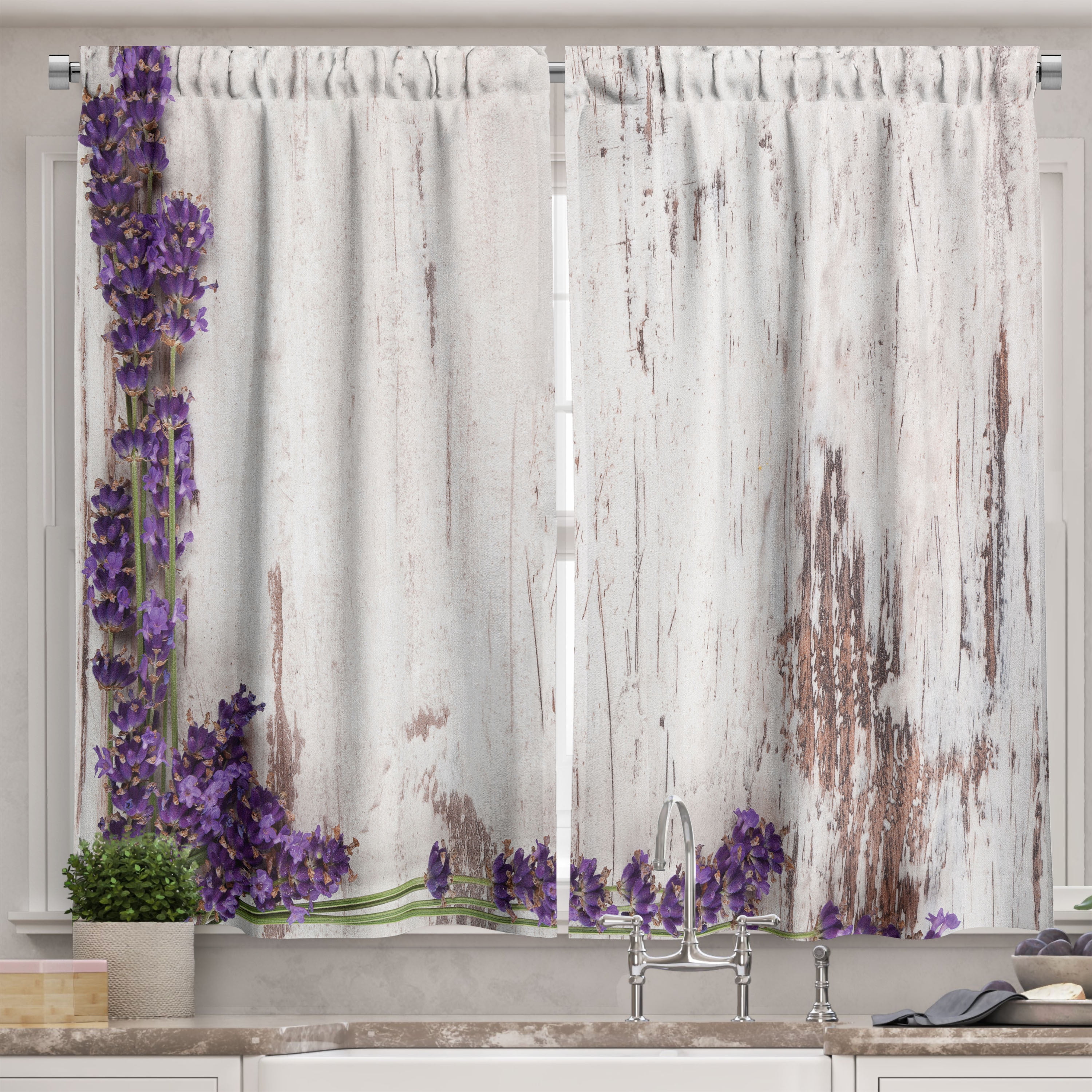 Ambesonne Rustic Kitchen Curtains, Grunge Flowers in the Summer, 55"x45 ...