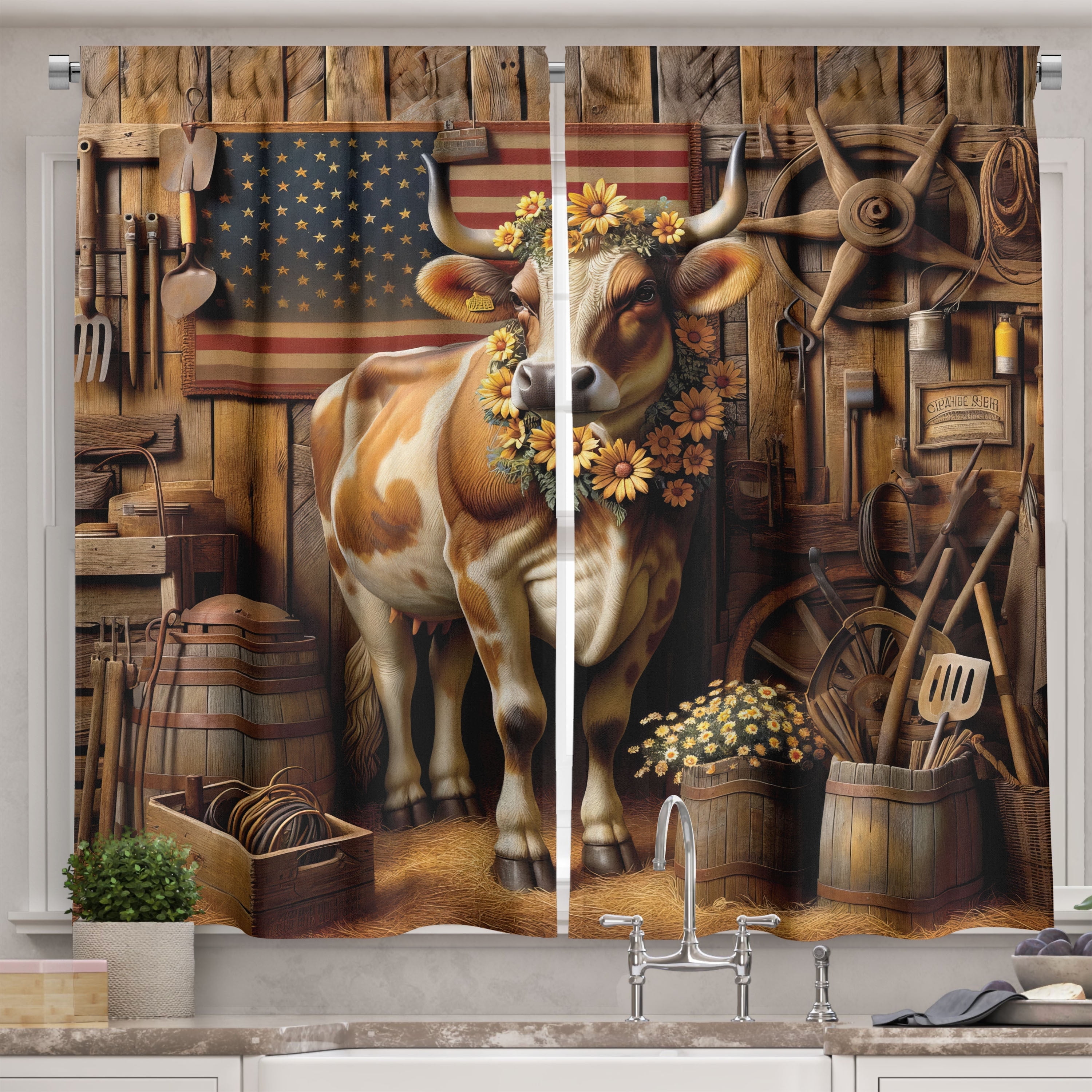 Ambesonne Rustic Kitchen Curtains, Grunge Old Glory Barn Cow, 55"x24 ...