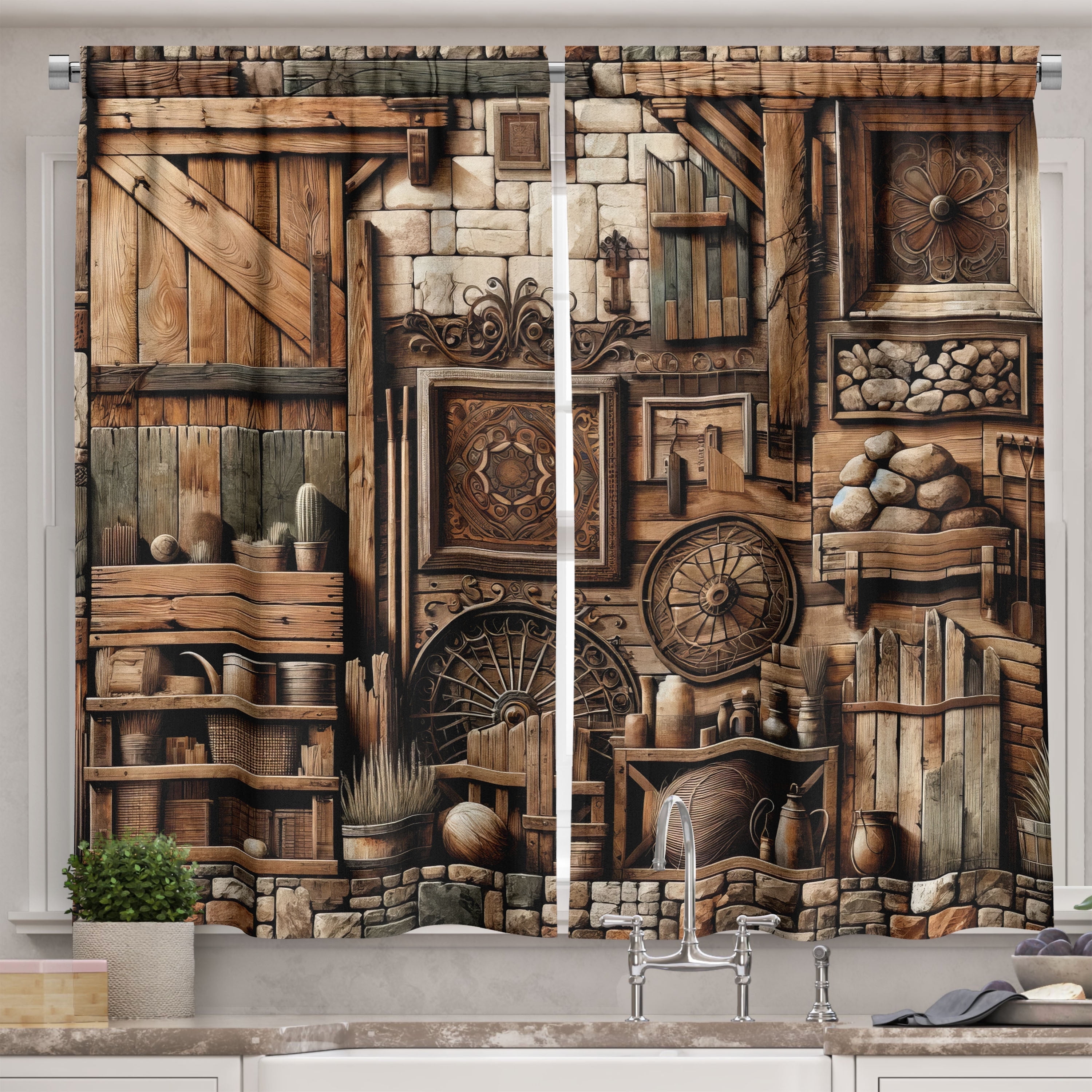 Ambesonne Rustic Kitchen Curtains, Medieval Cottage Scene Art, 55"x24 ...