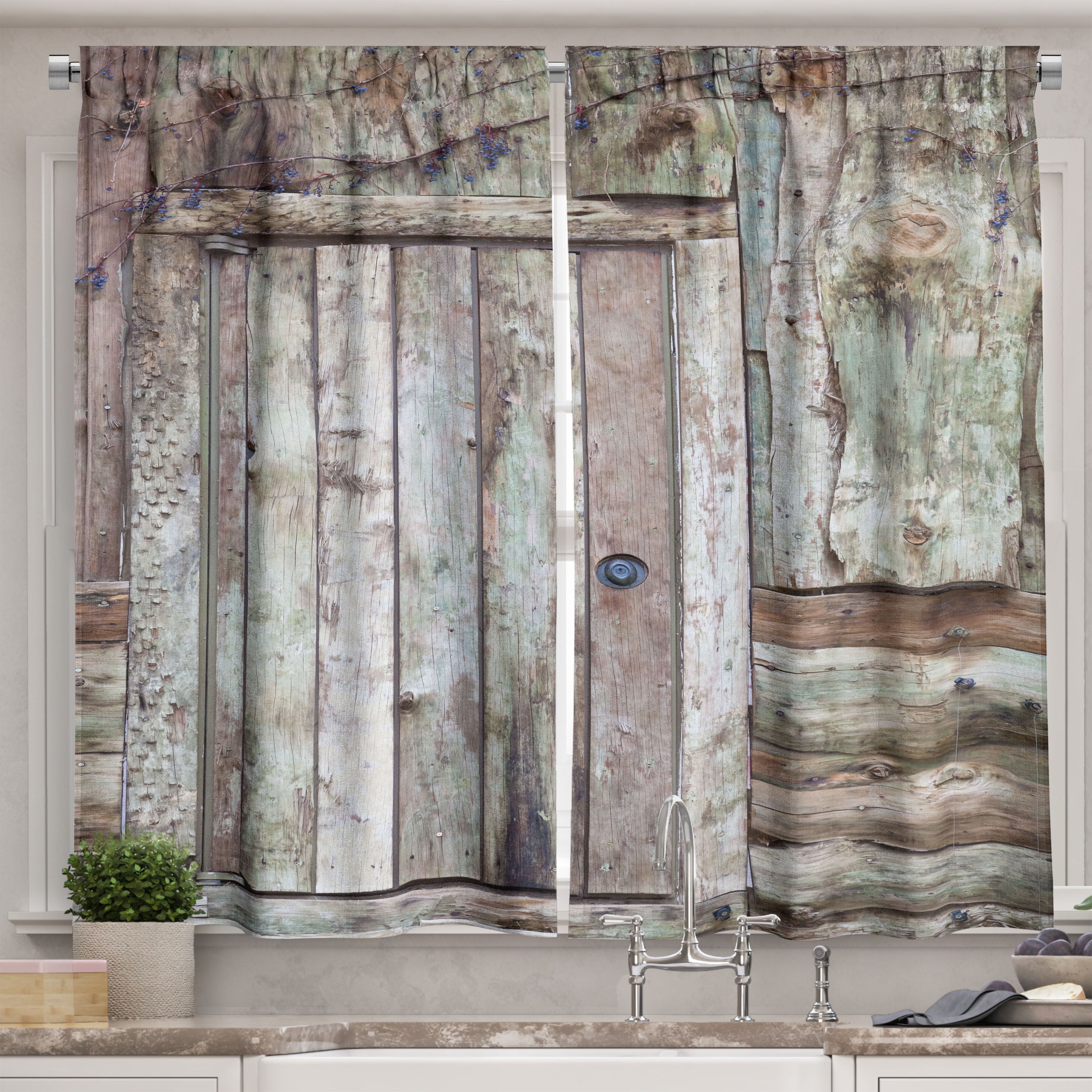 Ambesonne Rustic Kitchen Curtains, Old Barn Door Cottage, 55"x39", Warm ...