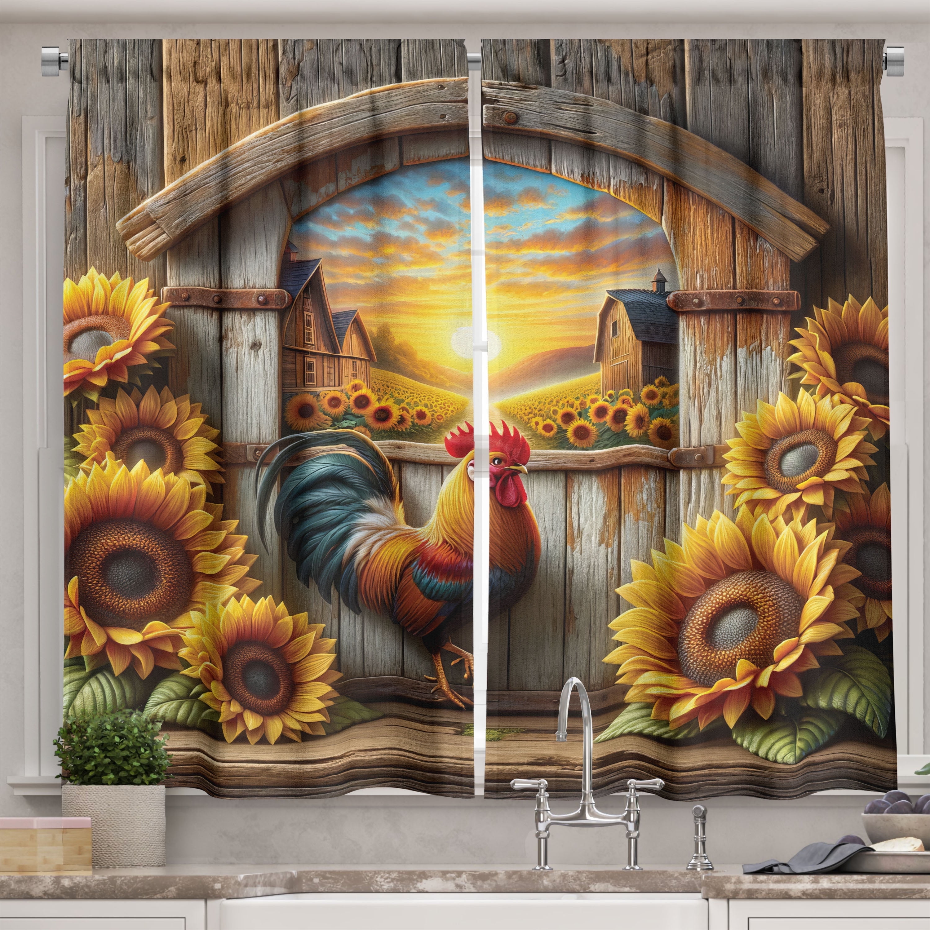 Ambesonne Rustic Kitchen Curtains, Sunset Rooster Sunflowers, 55"x45 ...