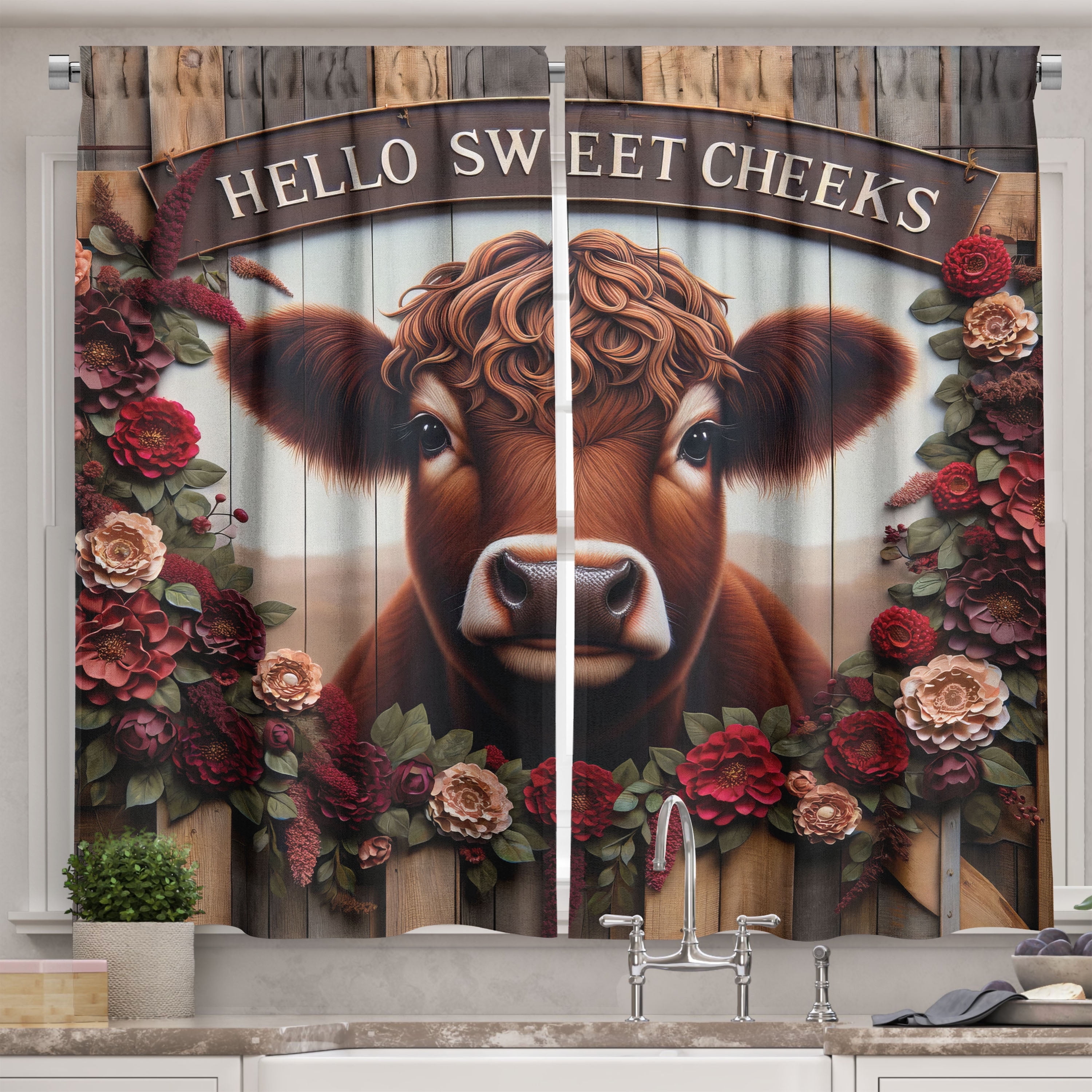 Ambesonne Rustic Kitchen Curtains, Vintage Cottagecore Art Cow, 55"x45 ...