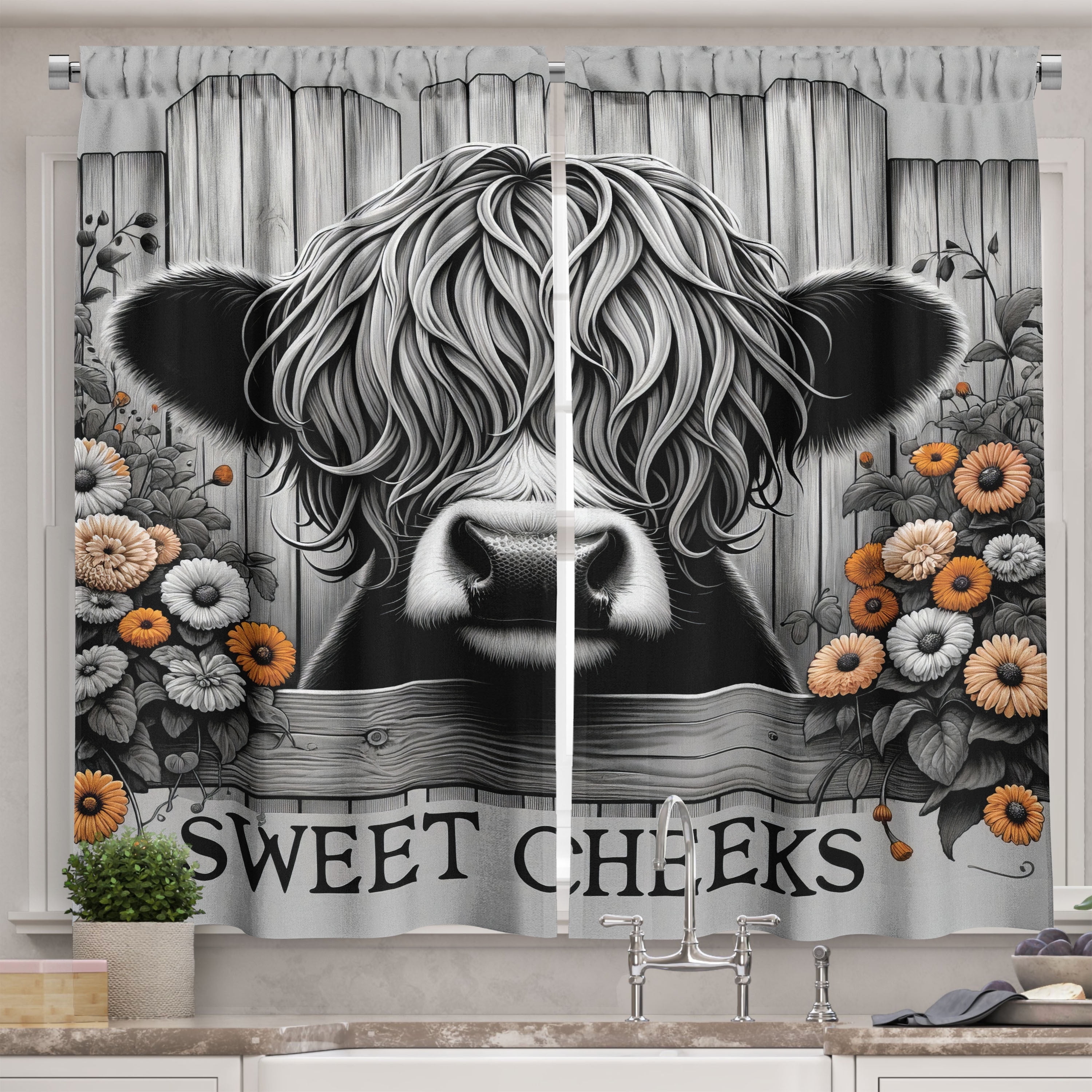 Ambesonne Rustic Kitchen Curtains, Vintage Farmhouse Cow Cheeks, 55"x24 ...