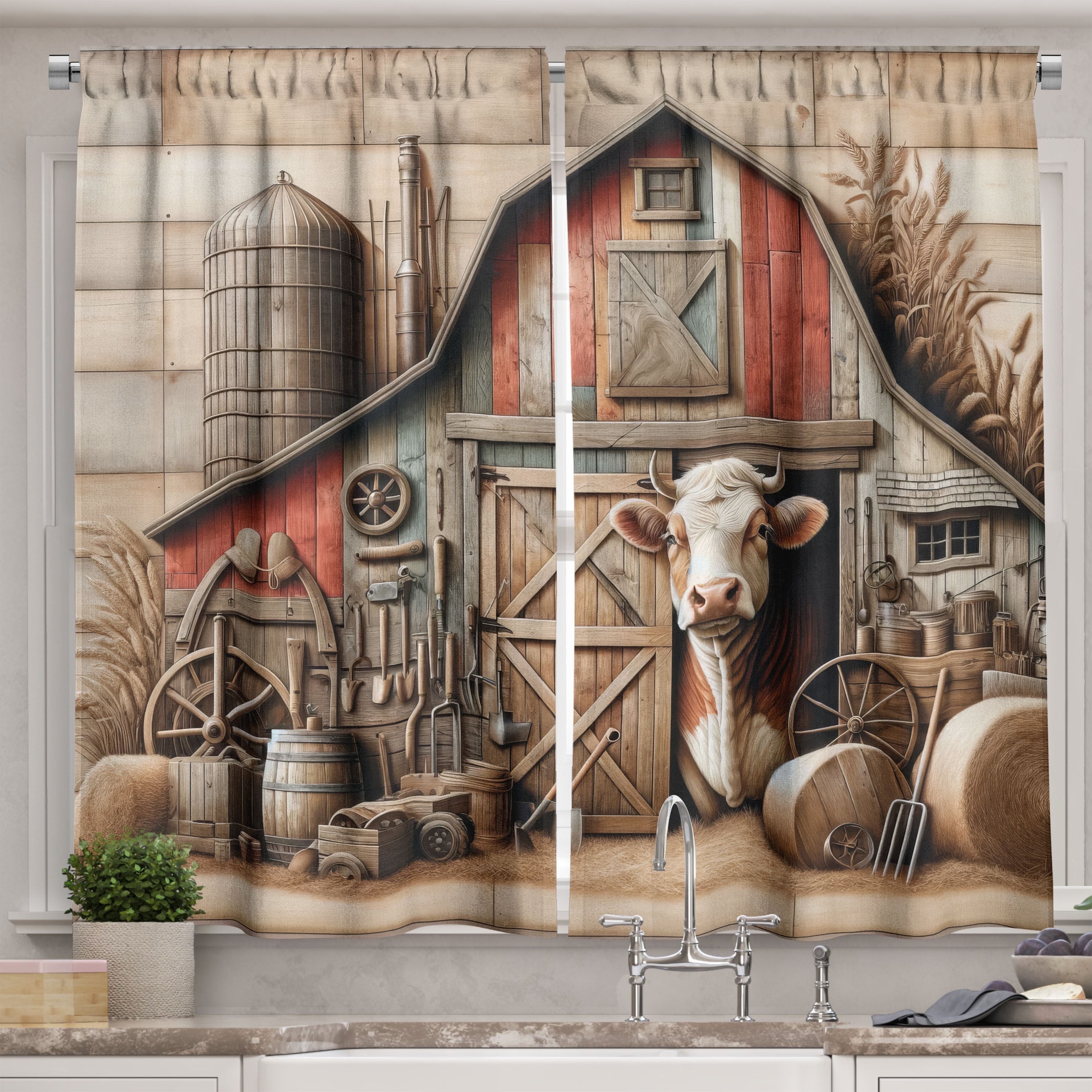 Ambesonne Rustic Kitchen Curtains, Vintage Rural American Barn, 55"x36 ...