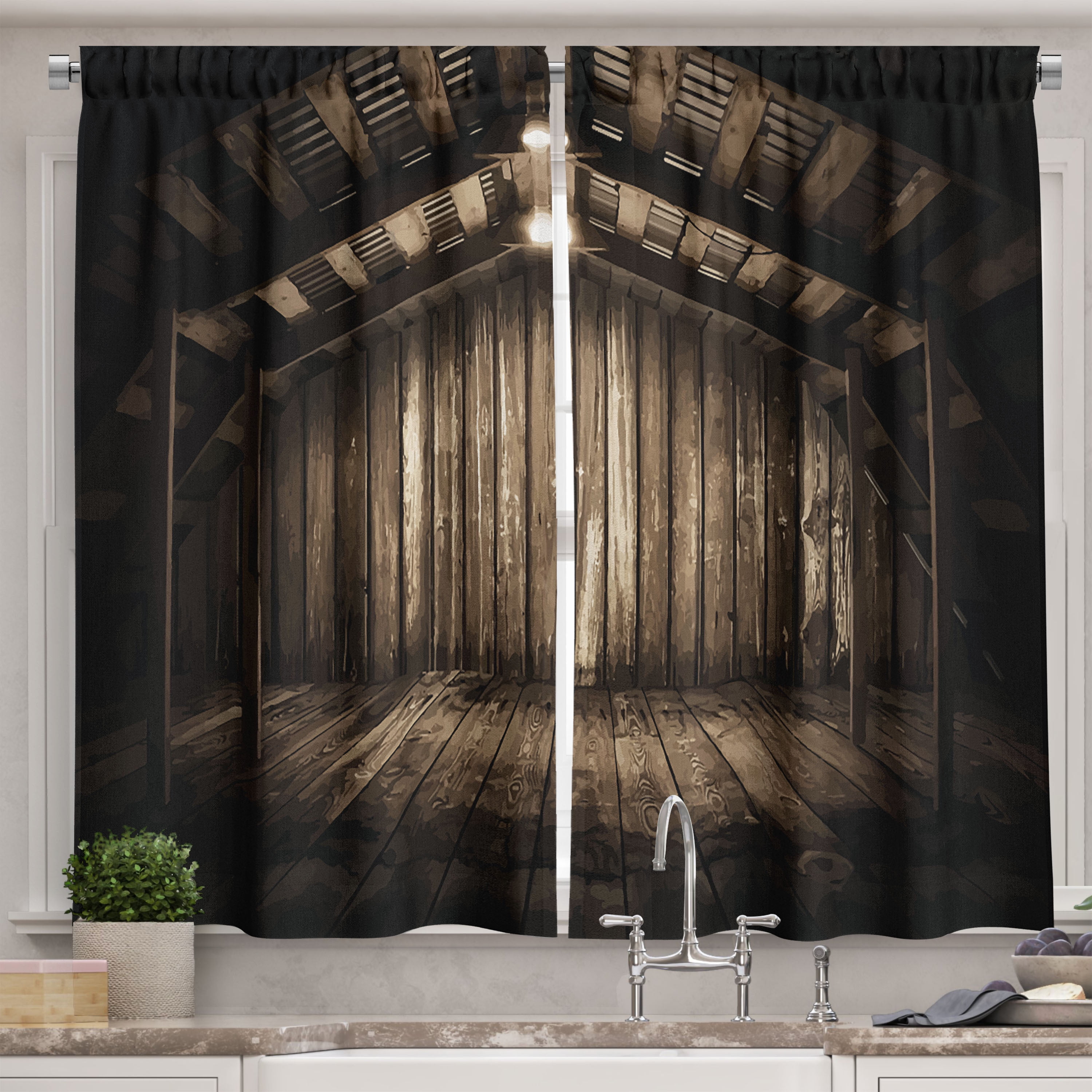 Ambesonne Rustic Kitchen Curtains, Wooden Cottage, 55"x39", Brown Dark ...