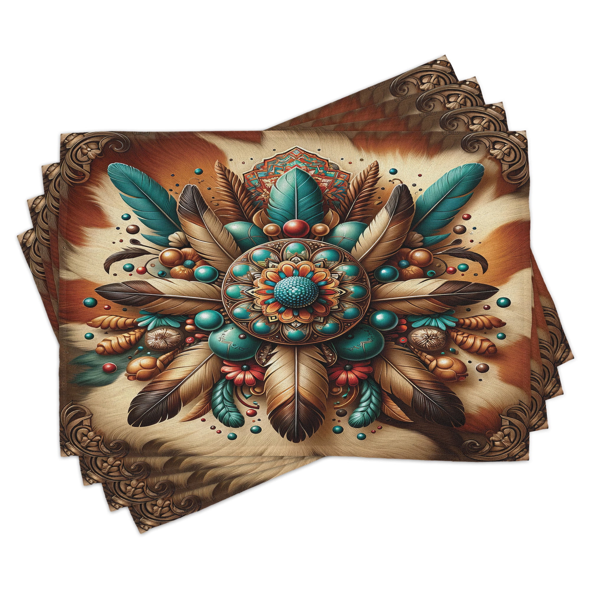 Ambesonne Rustic Place Mats Set of 4, Boho Earthy Feathers Mandala ...